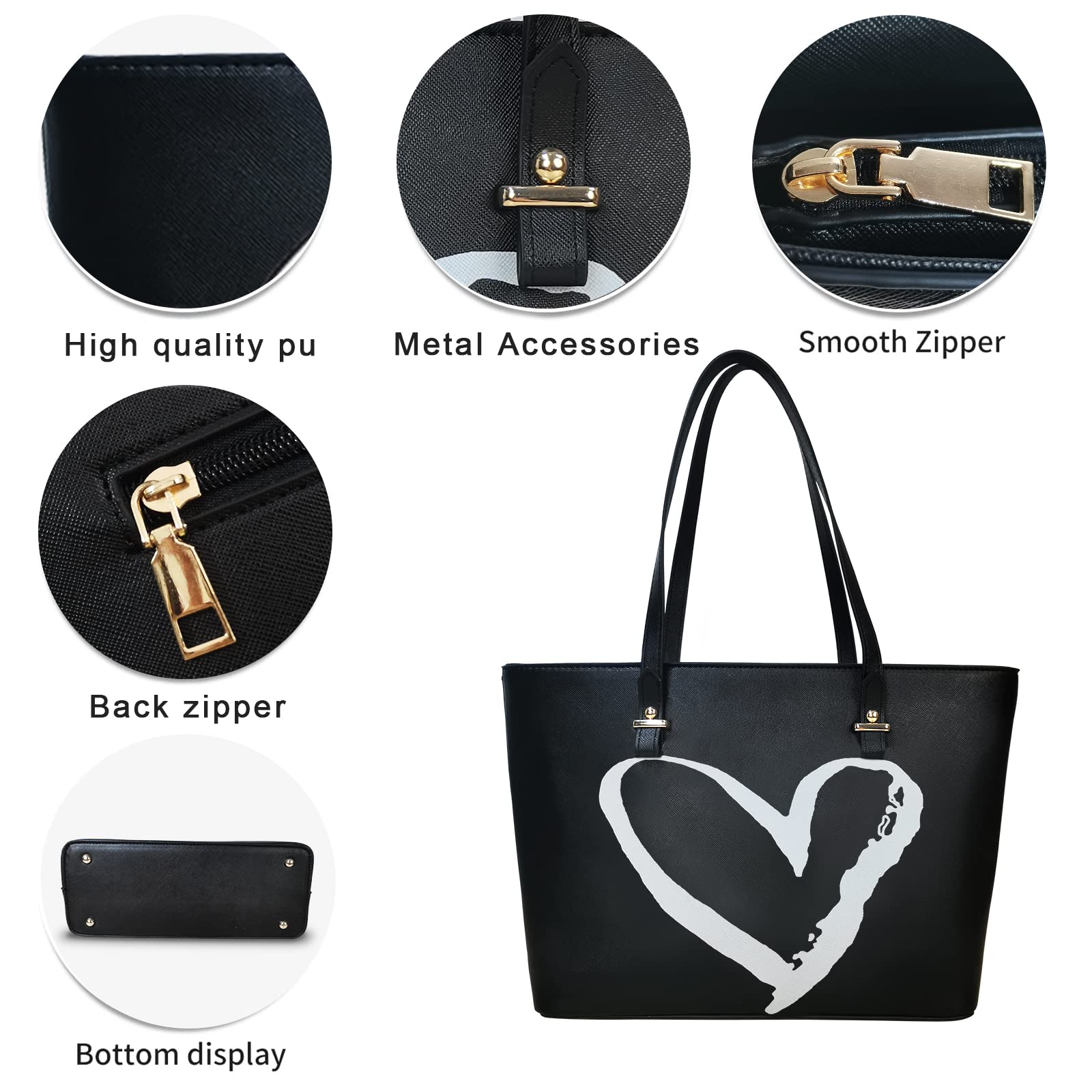 Satchel Bags for Women Fashion Handbag Leather Shoulder Bag Large Capacity Black Work Bag 2 PCS Set (Heart)