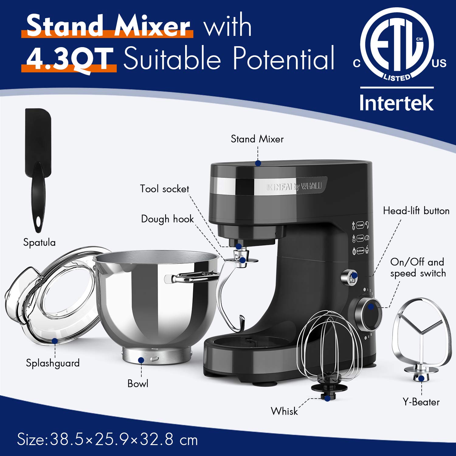 Stand Mixer, whall 12-Speed Tilt-Head Kitchen Mixer,for Baking Bread,Cakes,Cookie,Pizza,Salad, Electric Food Mixer with Dough Hook/Wire Whip/Beater, Stainless Steel Bowl,(black)