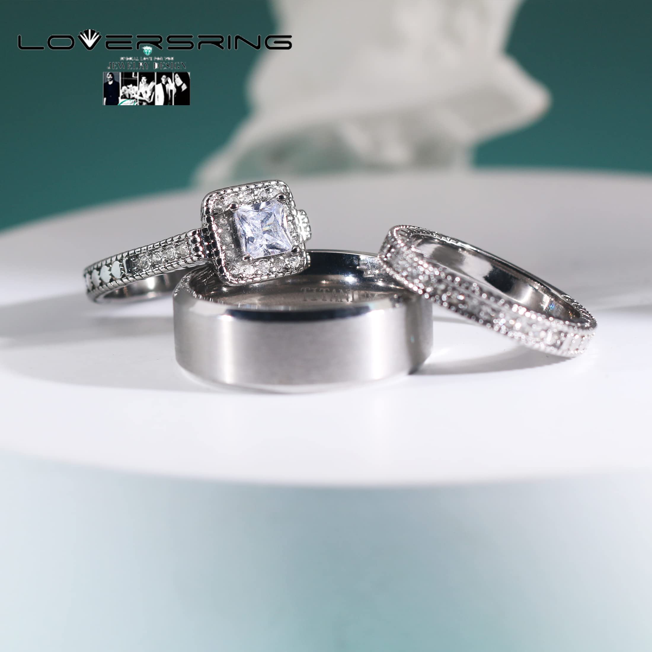 LOVERSRING Couple Ring Bridal Set His Hers Women 10k White Gold Filled AAA Cz Men Stainless Steel Wedding Ring Band Set