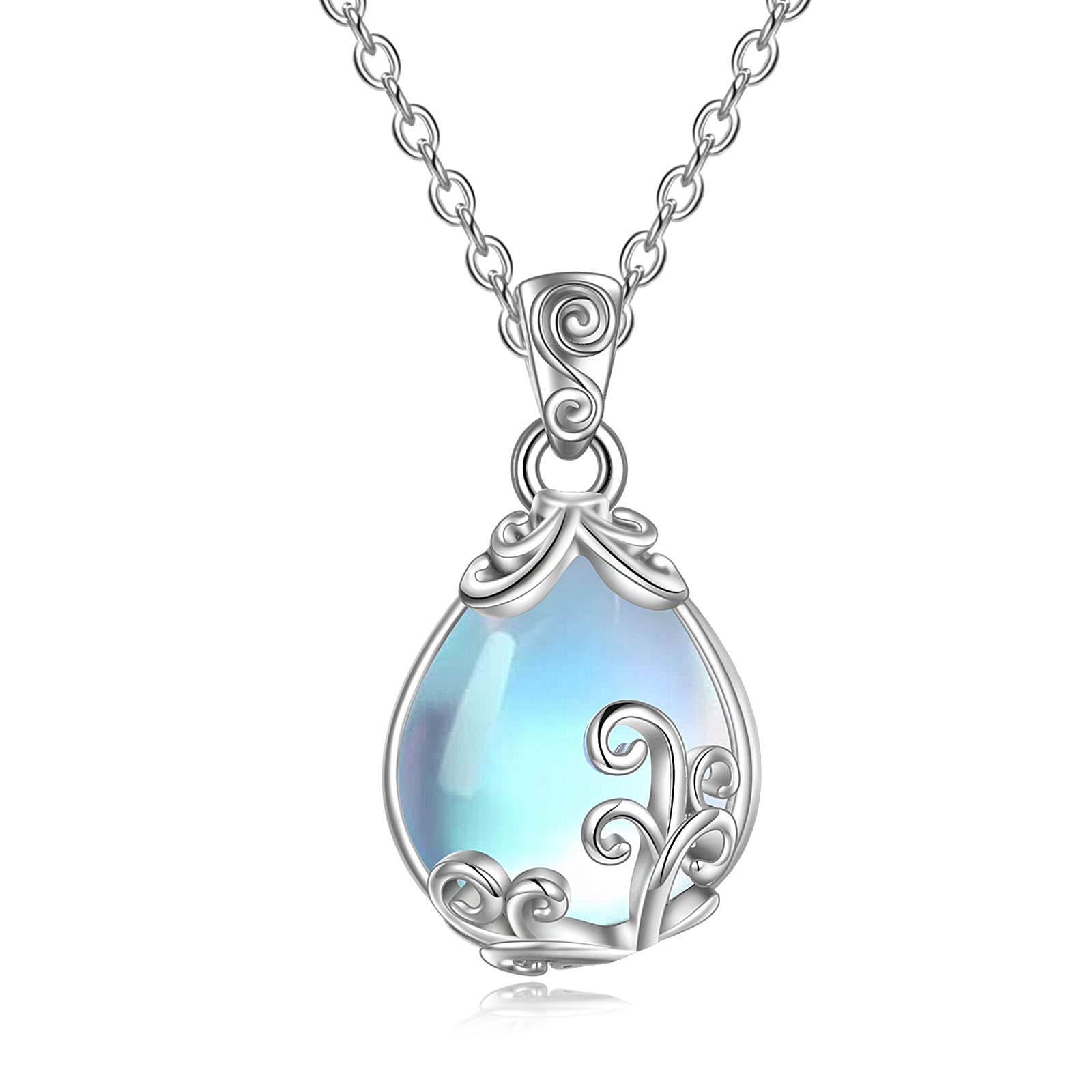 POPLYKE Sterling Silver Moonstone Filigree Teardrop Necklace Jewelry for Women (Small)