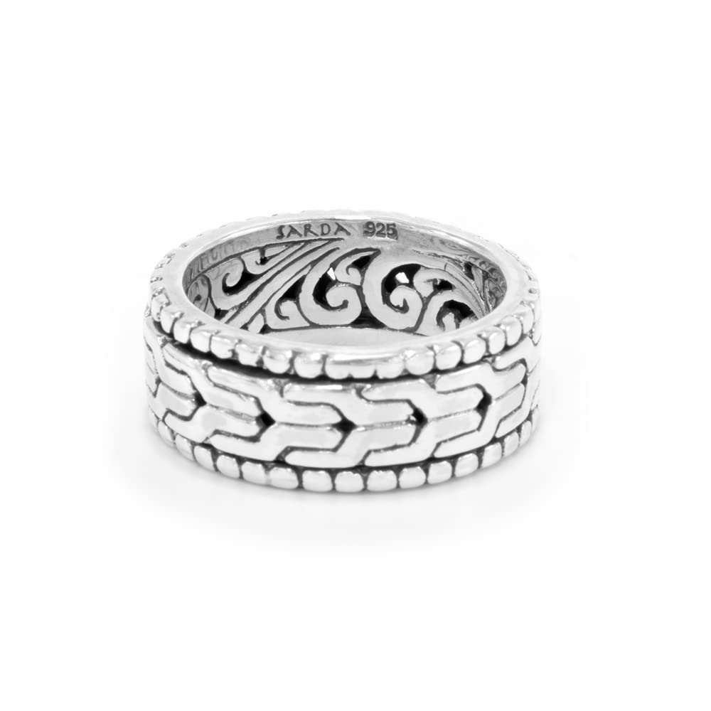 Sarda - .925 Sterling Silver Chain Link 1/3” Spinner Band Ring, Size 8 - Handmade by Bali Artisans
