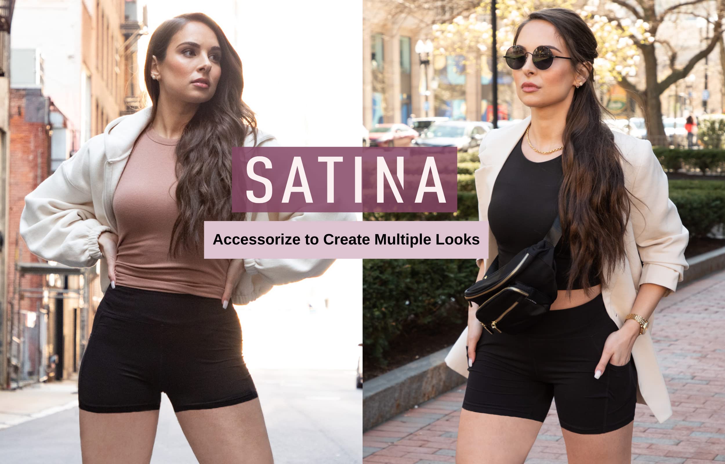 SATINA Womens Biker Yoga Shorts - High Waist with Pockets for Regular & Plus Size Women, 8-Inch, Black, Large
