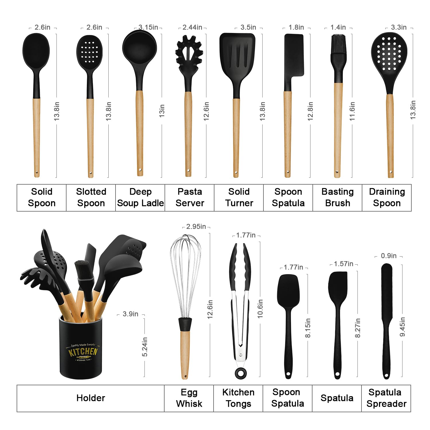 Kitchen Cooking Utensils Set, 14 Non-Stick Silicone Cooking Kitchen Utensils Spatula Set with Holder, Wooden Handle Silicone Kitchen Gadgets Utensil Set for Nonstick Cookware(Black)