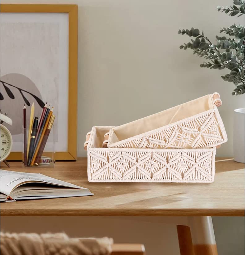 Macrame Storage Baskets Decor Box, Boho Woven Storage Basket, Countertop Toilet Tank Shelf Cabinet Organizer Boho Decor for Bedroom Nursery Livingroom