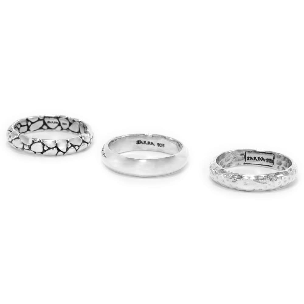 SARDA - .925 Sterling Silver Watermark Mosaic, Hammered & High Polish Set of 3 Stacking Rings - Handmade by Bali Artisans - Size 8