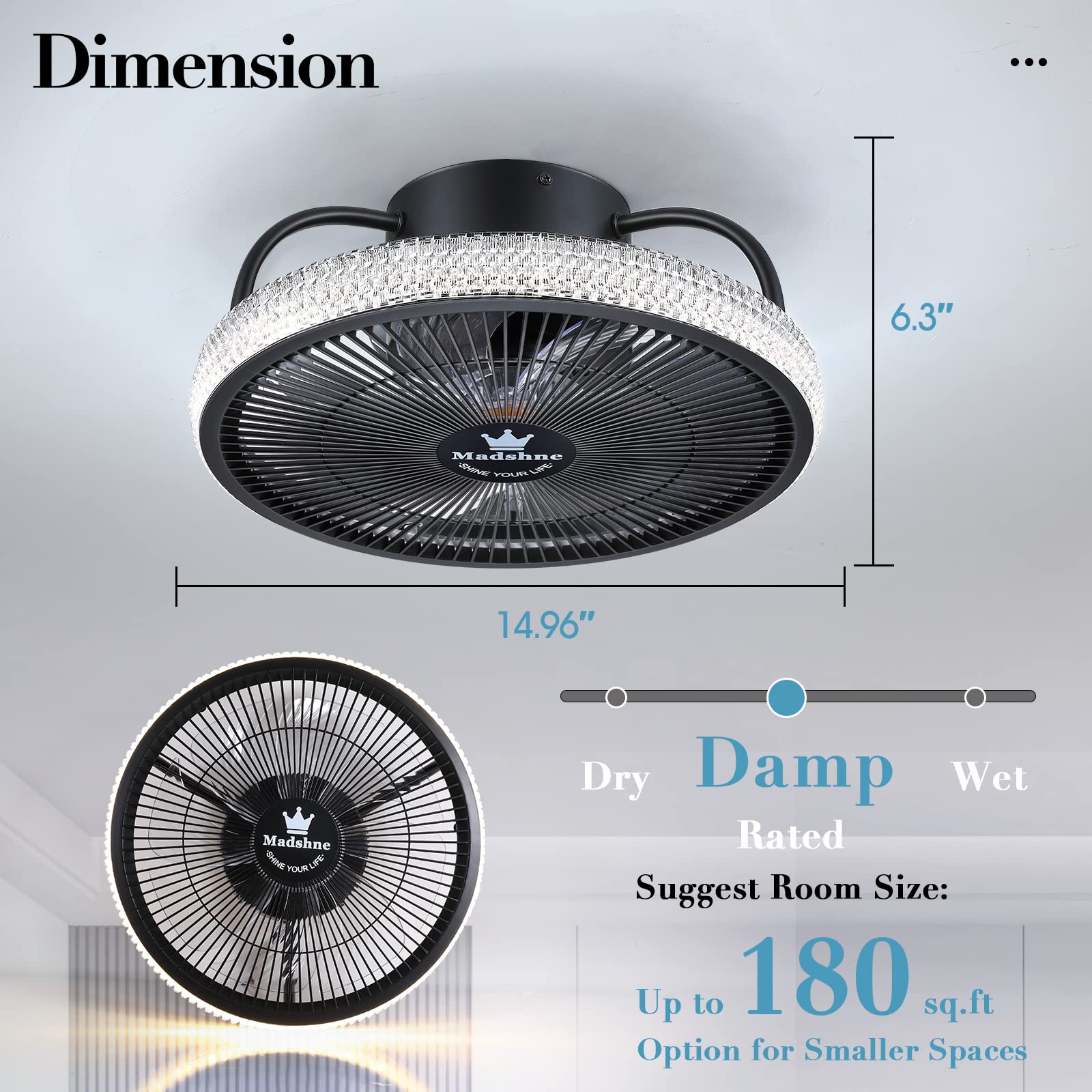 MADSHNE Low Profile Flush Mount Ceiling Fans with Lights and Remote,15'' Small Modern Bladeless Ceiling Fans, Black Enclosed Ceiling Fan with Dimmable LED Lighting Fixture for Bedroom Kitchen