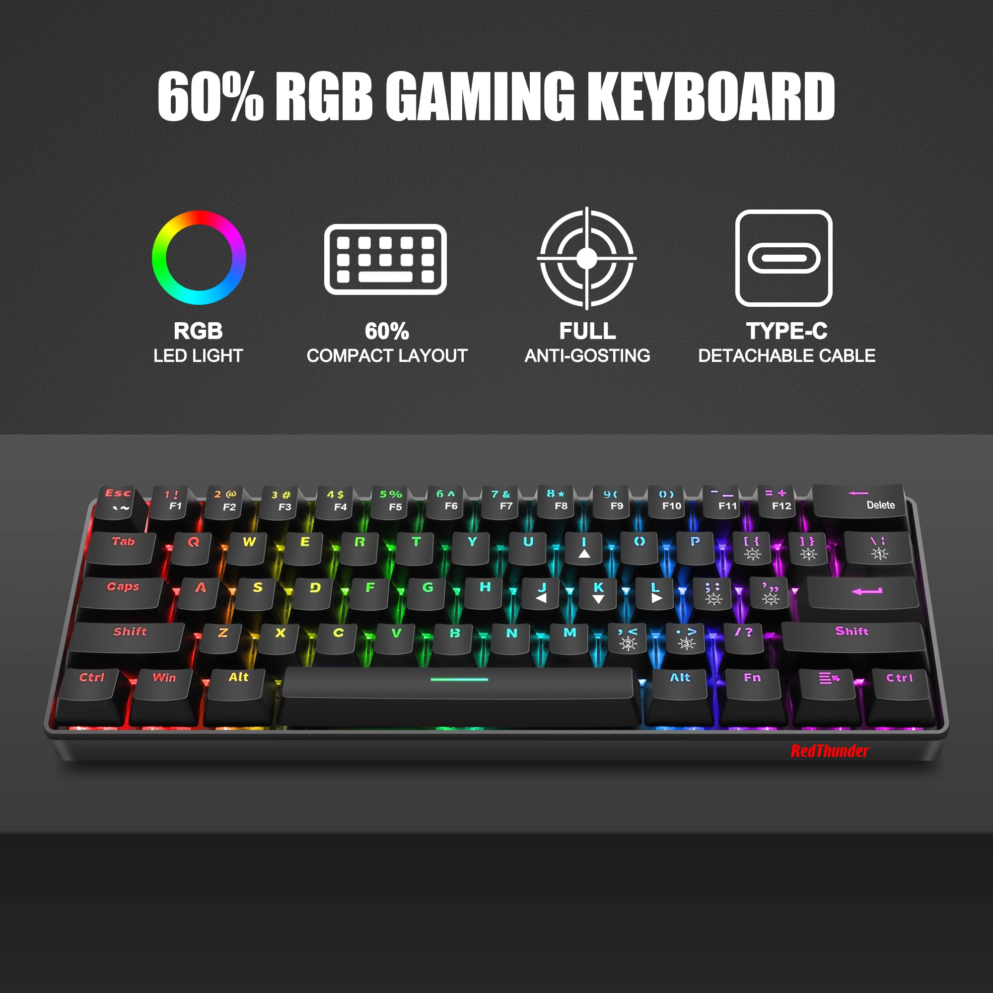 RedThunder 60% Wired Mechanical Gaming Keyboard, 61 Keys Ultra-Compact Keyboard, PBT Keycaps, RGB Backlight for PC (Blue Switch, Black)
