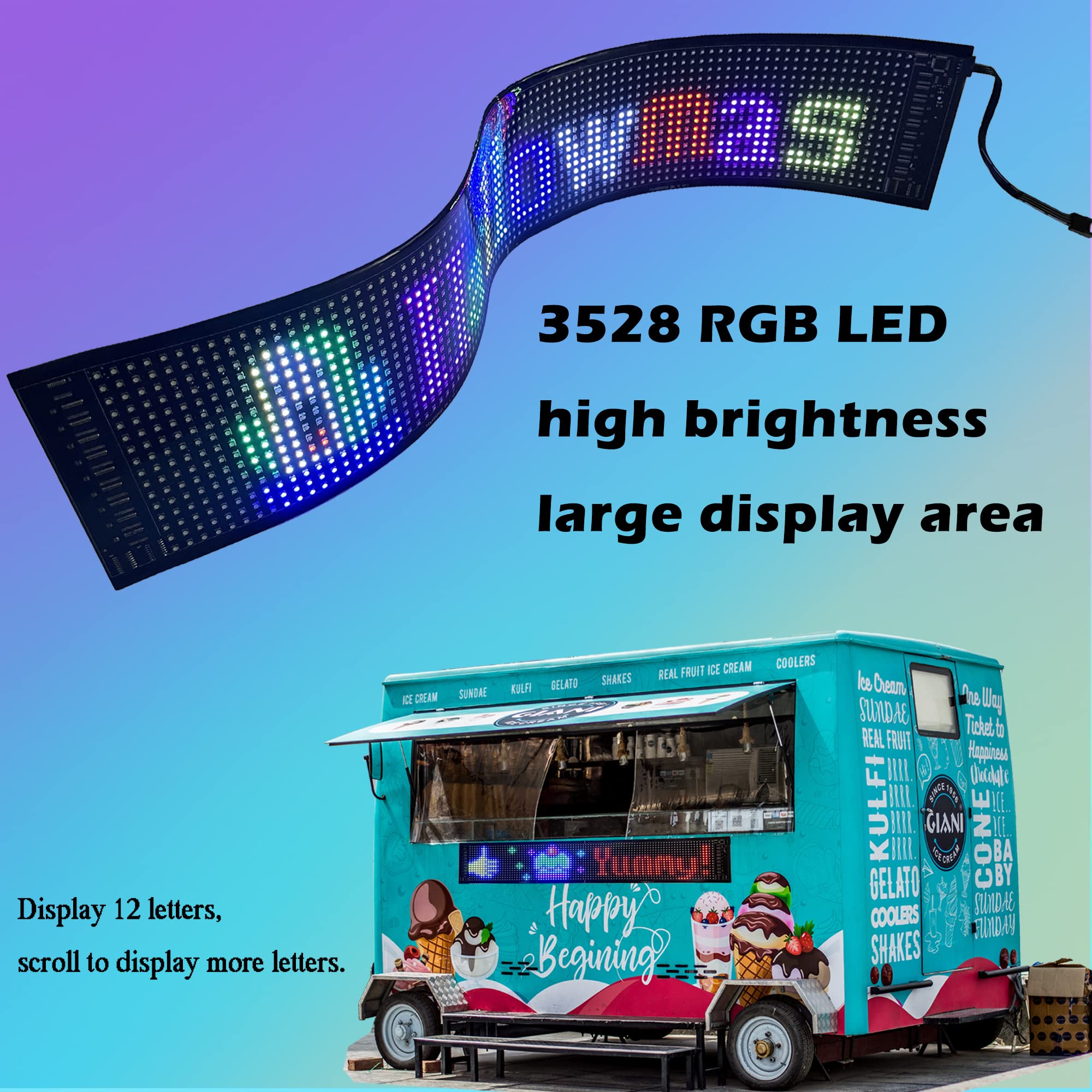 Wishiot LED Car Sign LED Message Board APP Control Flexible Super Bright LED Scrolling Programmable Sign 26.8X4.7 inch for Advertising Home Shop Car