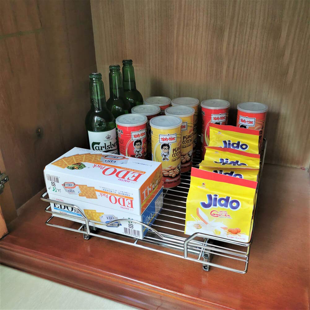 Pull Out Cabinet Organizer(11" W x 21" D x 5" H, 1 Tier Heavy Duty Slide Out Kitchen Cabinet Shelves, Sliding Drawer for Cabinet, Wire Frame, Chrome Finish