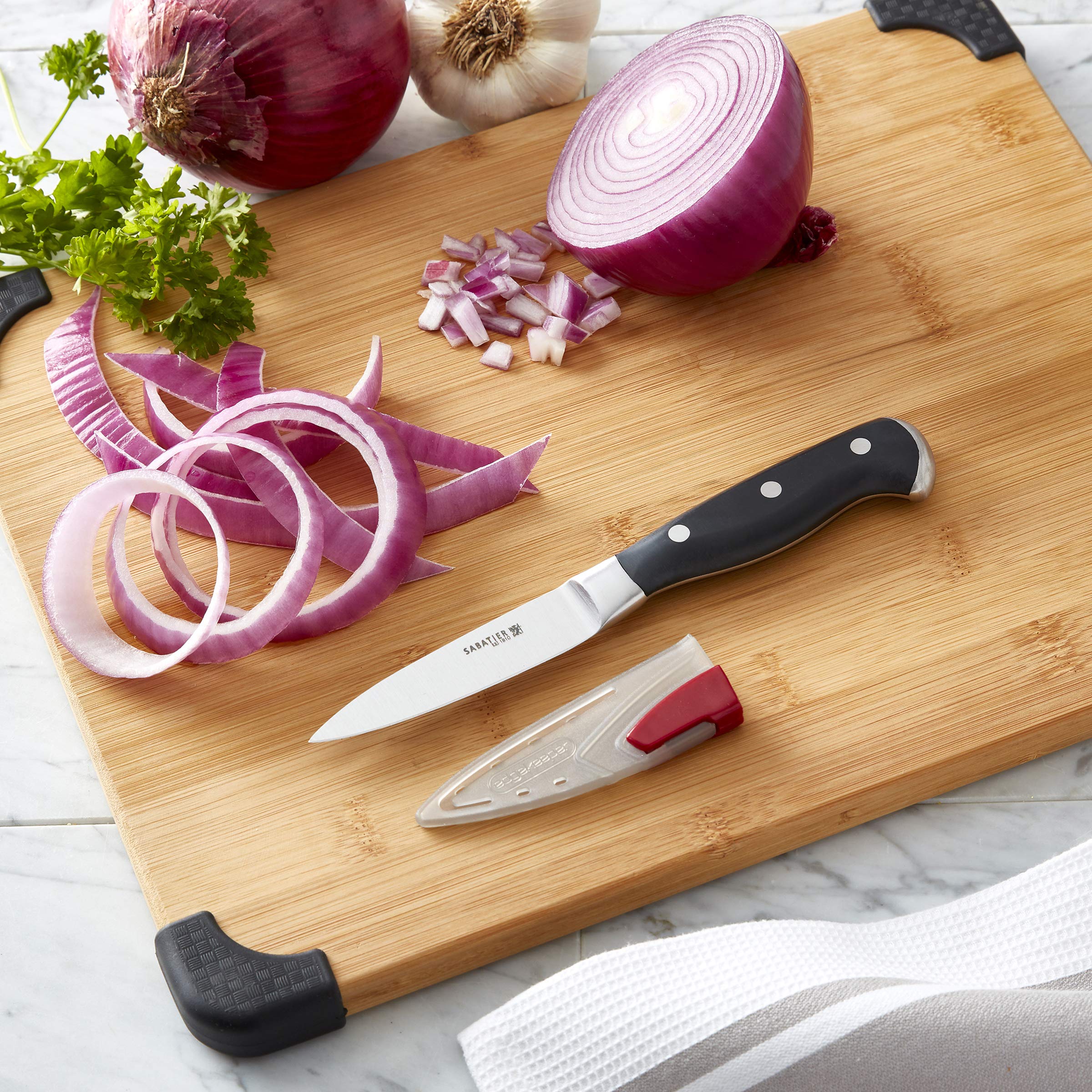 Sabatier Forged Triple-Rivet Paring Knife with Self-Sharpening Blade Cover, High-Carbon Stainless Steel, Razor-Sharp Kitchen Knife to Cut Fruit, Vegetables and more-3.5-Inch, Black