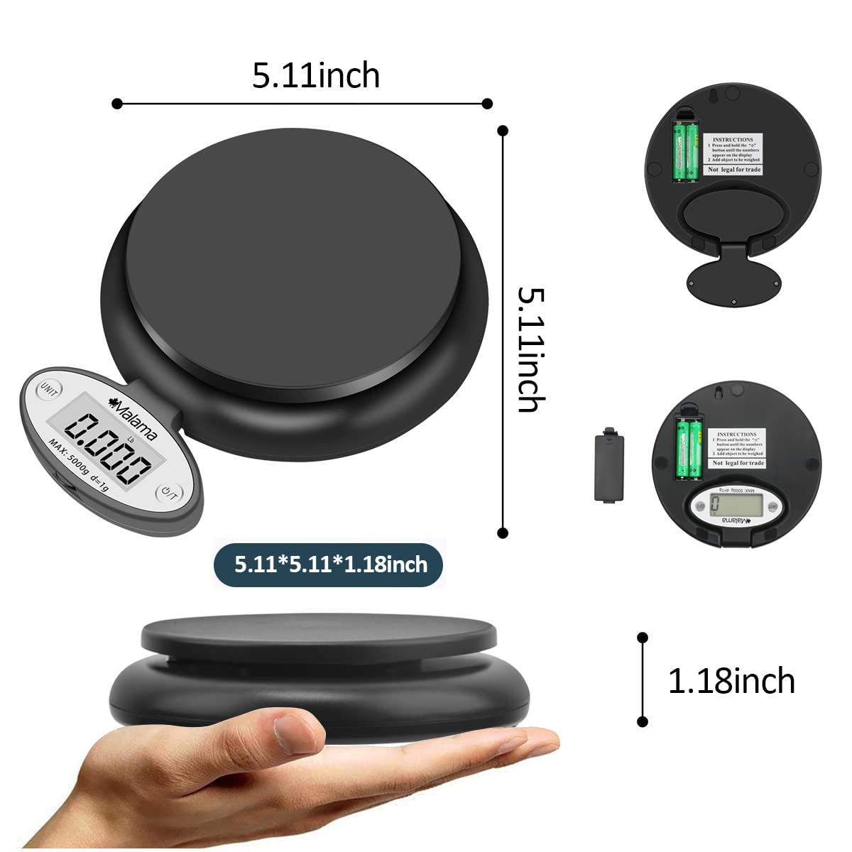 Malama Kitchen Scale Foldable, Small Food Scale for Cooking, Multifunctional Office Accurate Weighing Scale with 0.1oz/1g Increment, 11lb/5kg Capacity, Black (Batteries Included)