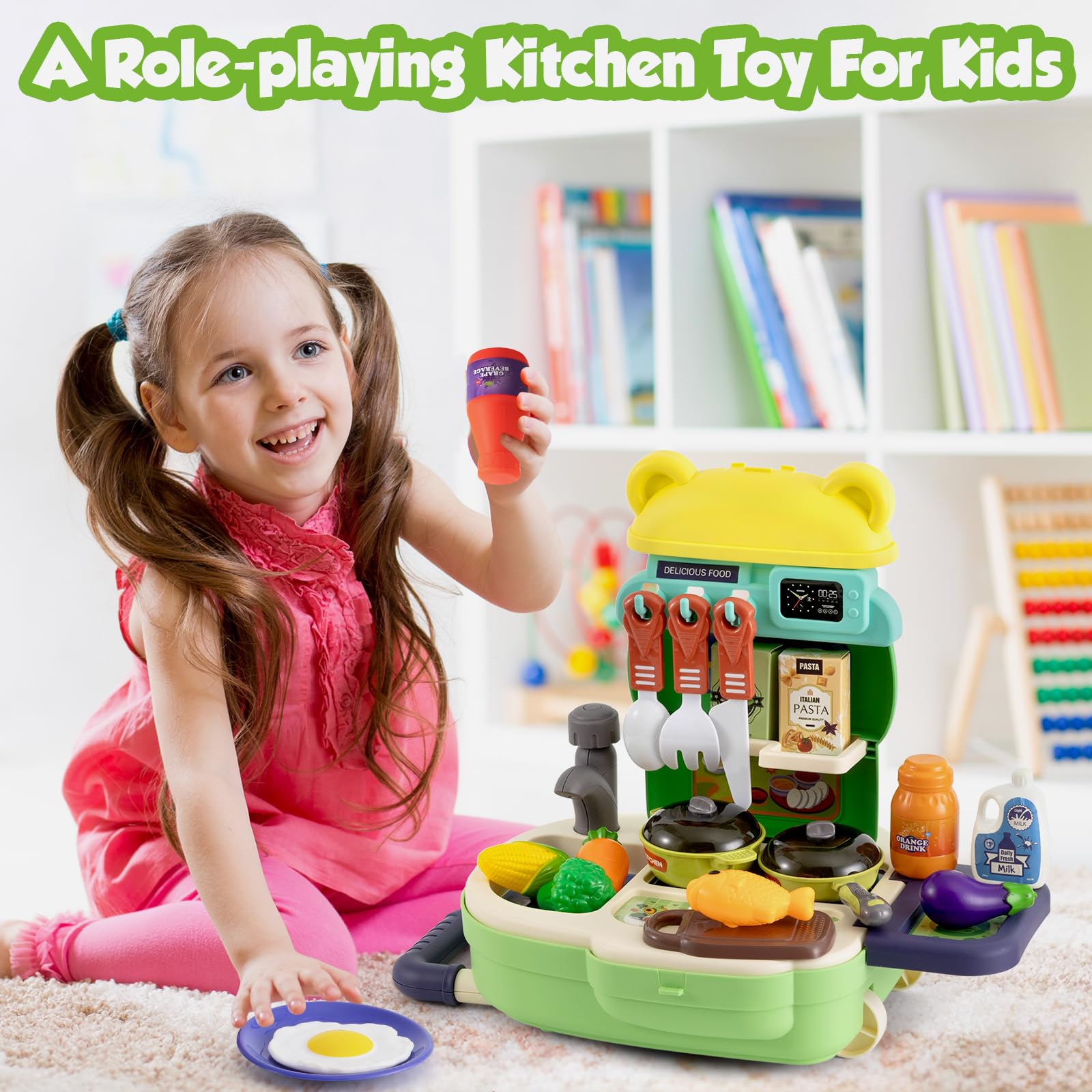 Kitchen Playset, 3 in 1 Kitchen Pretend Play Toys for Toddlers, 34 PCS Realistic Cooking Accessories for Girls Boys Age 3 4 5 6 7