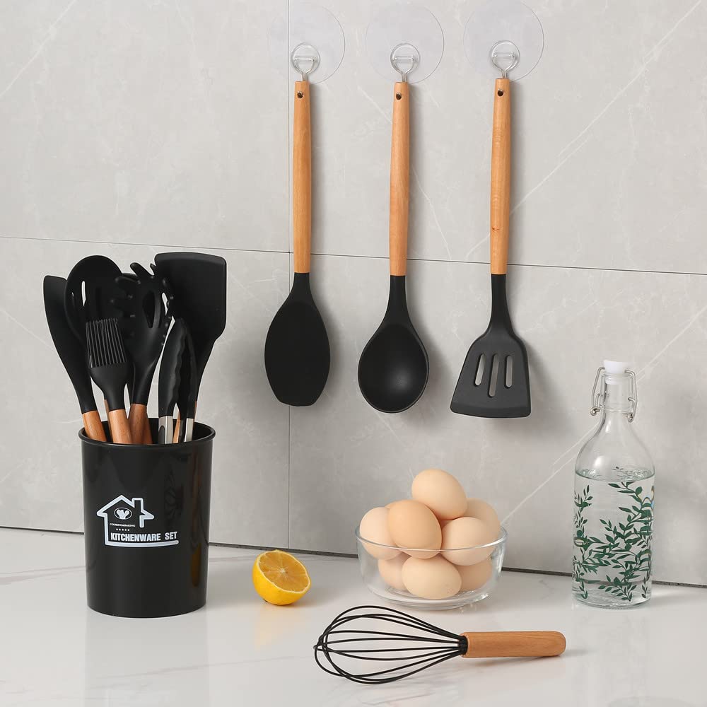 Kitchen Silicone Cooking Utensils Set with Wooden Handle. 446°F Heat Resistant, BPA free, Dishwasher Safe Non-Stick Silicone Kitchen Gadgets Cookware Set(12pcs Set) (White)