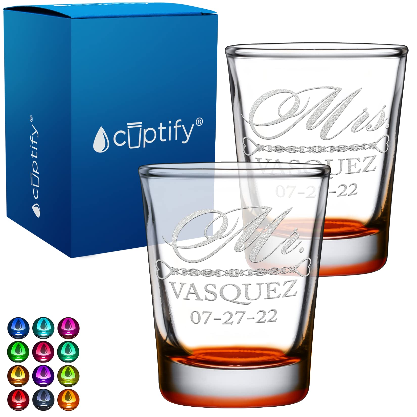 Personalized Mr and Mrs Shot Glasses Set 2oz Orange Bottom Custom Engraved for Couples, Wife and Husband, Fiance and Fiancee, Bride and Groom at Wedding Party, Anniversary and Engagements
