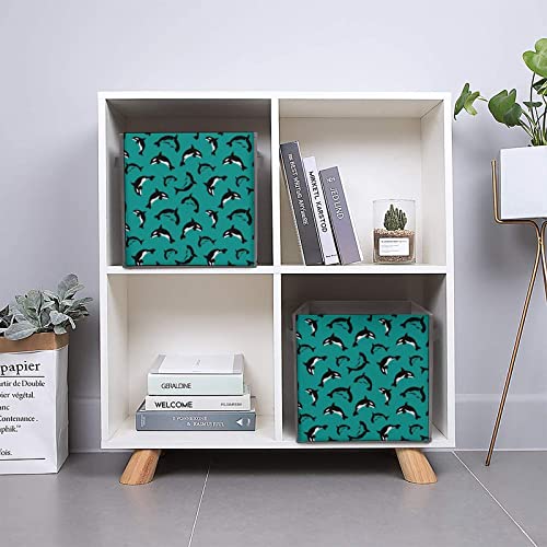Whales Pattern Storage Bins Cubes Foldable Fabric Organizers with Handles Clothes Bag Book Box Toys Basket for Shelves Closet 10.6"