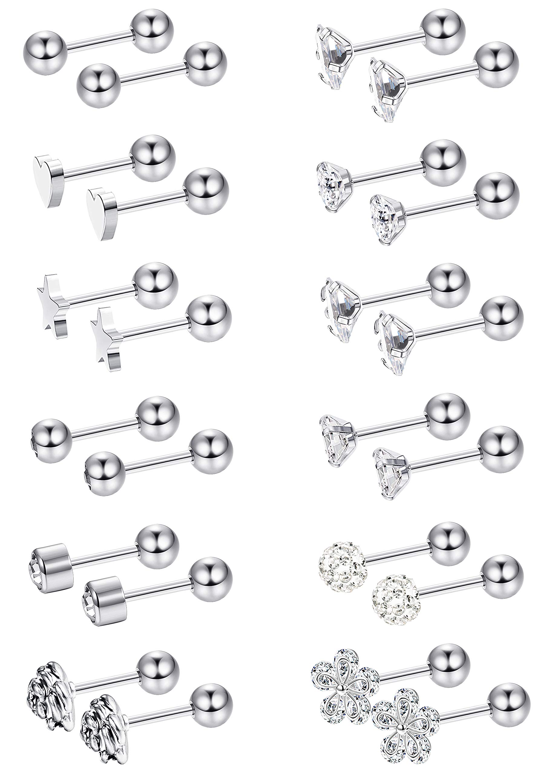 LOYALLOOK 12 Pairs Stainless Steel Ball Stud Earrings Barbell Cartilage Helix Ear Piercing 3-6mm 2 Colors (18G 12 Pairs Silver Tone 4mm)