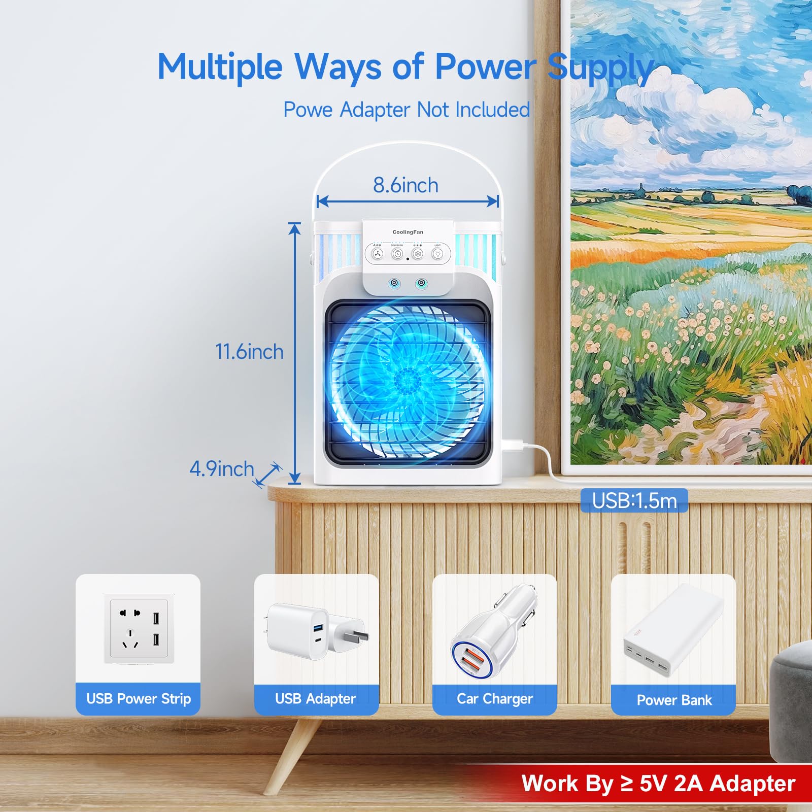 VICELEC Portable Air Conditioner Cooling Fan with Remote, Quiet with 3 Speeds, 1200ml Evaporative Personal Air Cooler Fan with 3 Mist, 7 Night Light, 8H Timer, Small Air Conditioner for Bedroom Office