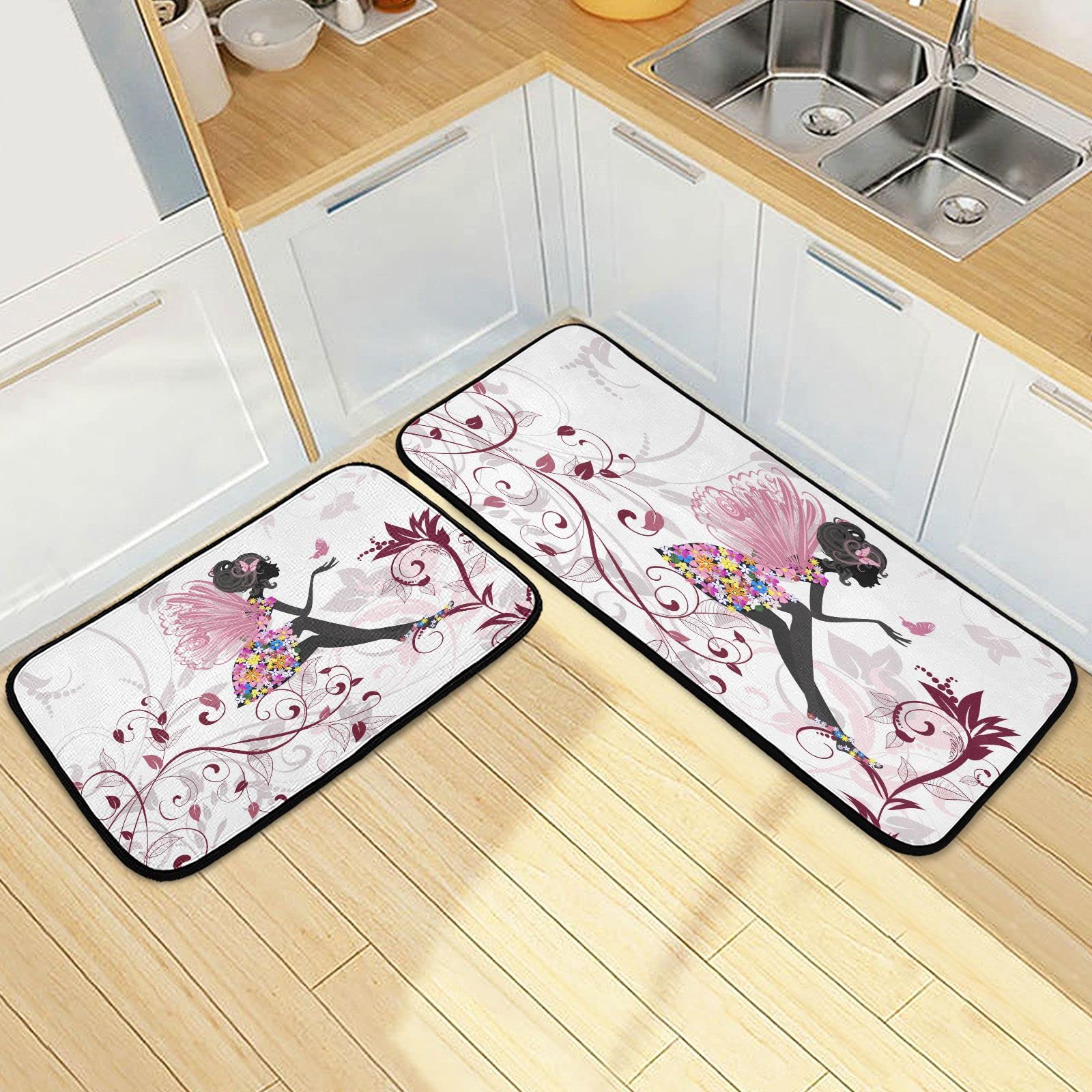 Magic Fairy Flowers Girl Butterfly Kitchen Rugs and Mats 2 Pieces Anti Fatigue Kitchen Rug Set Non-Slip Bath Mat Entry Floor Carpet Entrance Door Mat Runner 20"x28"+20"x47"
