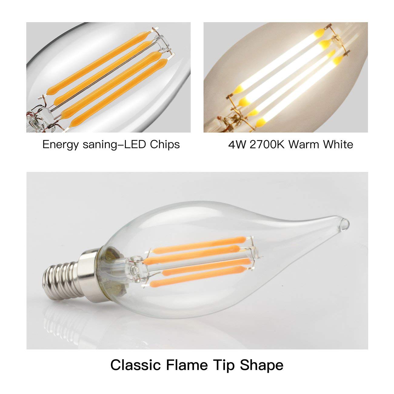 ohderii Candelabra LED Bulbs, E12 Base 4W (40W Equivalent) Chandelier Filament Candle Bulbs 400 Lumens 2700K Warm White Flame Tip Light Bulbs,Non-Dimmable (Warm White)