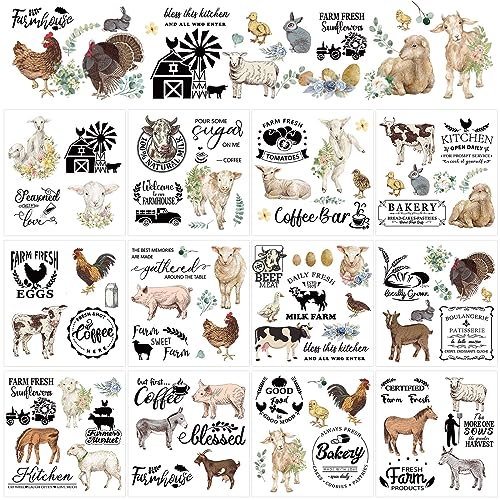 Whaline 12 Sheet Farmhouse Rub on Transfer for Furniture and Crafts Rustic Animals Letters Rub on Transfer Furniture Stickers Decal for Farmhouse School Home Office DIY Art Craft Decor, 5.5 x 5.5 Inch