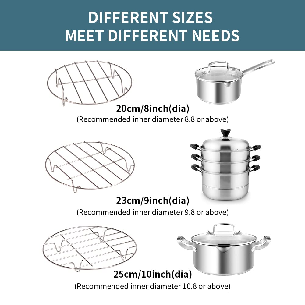 Round Cooling Rack - 3 Pack Steamer Racks Set - Stainless Steel Circle Roasting Rack, 3 Pcs (8" & 9" & 10") Steaming Cake Pot Rack with Hot Dish Plate Clip for Baking Cooking Grilling Wire Rack
