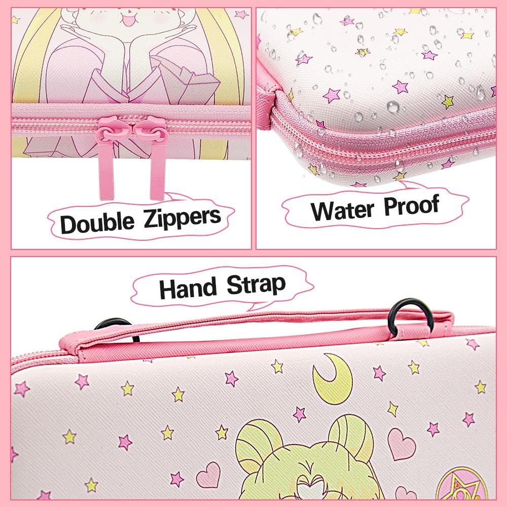 NocksyDecal Carrying Case Compatible with Nintendo Switch & OLED Mode, Cute Pink Sailor Moon Accessories Portable Travel Case with Shoulder Strap for Switch Hard Carry Case for Girls