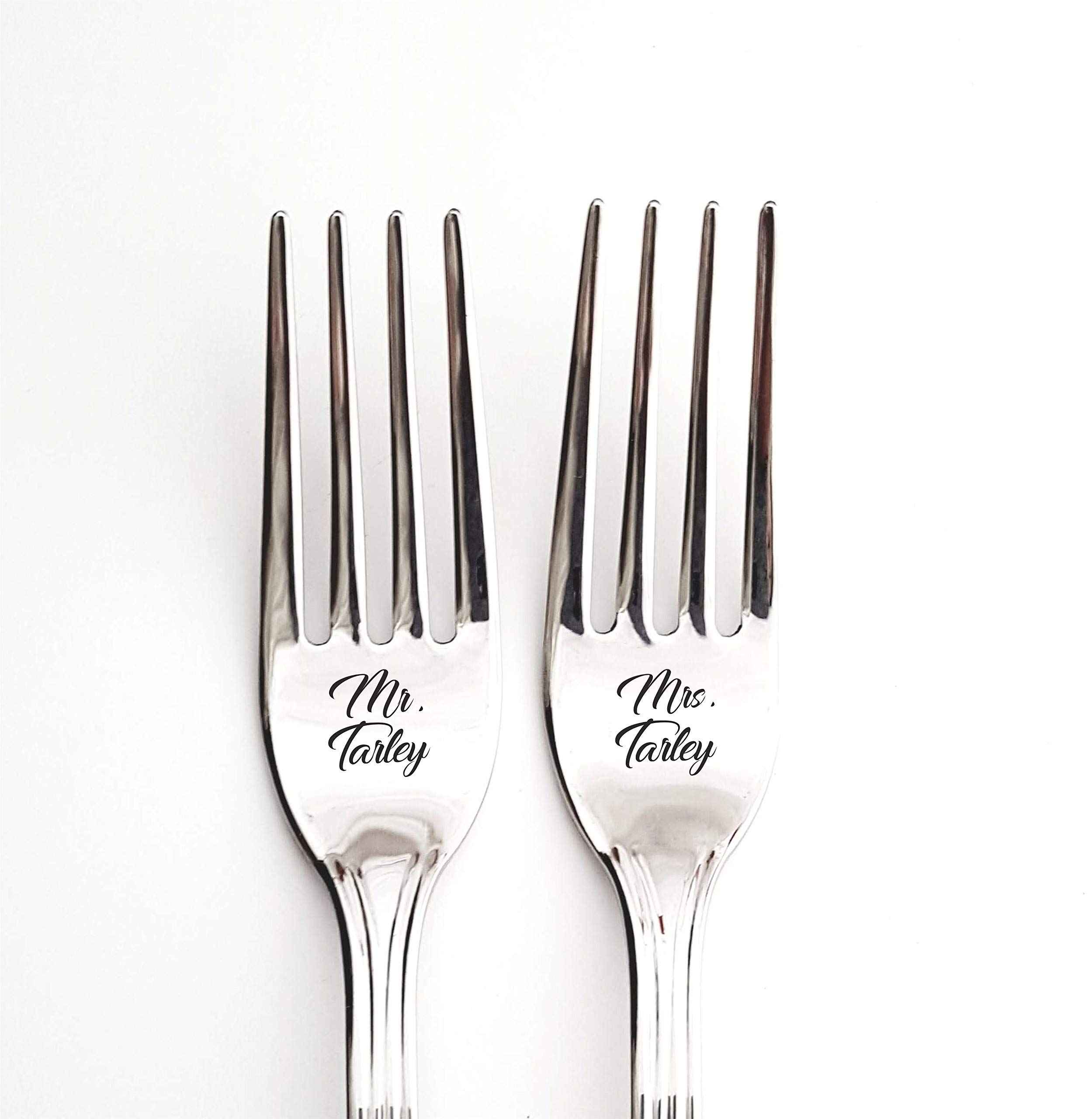 Personalized Reusable Silverware Sets for Bride and Groom, Engraved Mr and Mrs Forks for Wedding Cake Ceremony, Engagement Bridal Shower Anniversary Birthday Congratulations Gifts