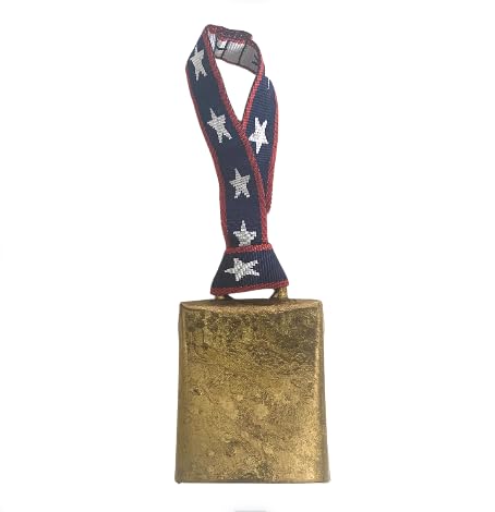 LOUD 4.5" high Cow Bell for Sporting Events, Brass coated MOEN BELL with Stars and Stripes Webbing Cheering Bell