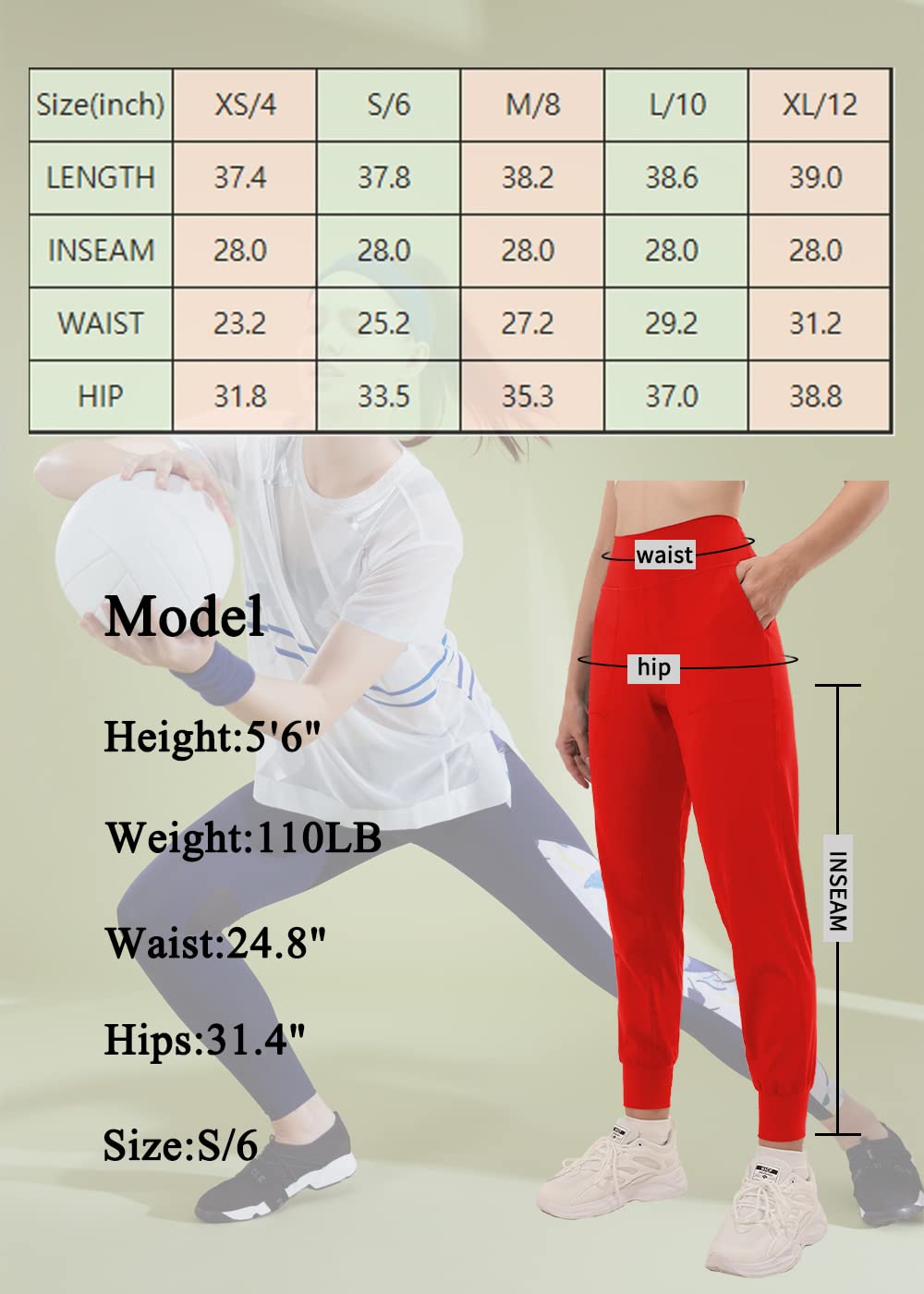 Rosemmetti Women's Joggers with Pockets,High Waist Tapered Sweatpants for Workout,Yoga,Running- Tomato red-M