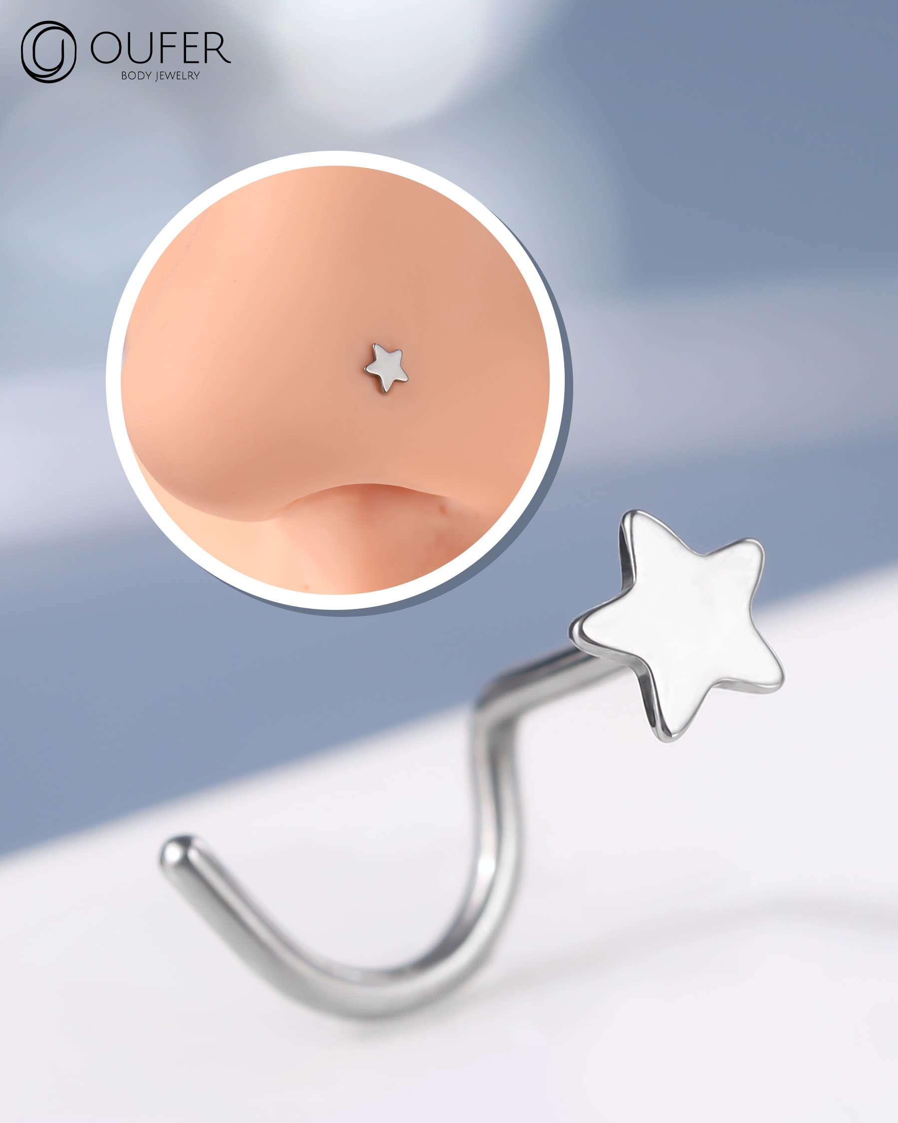 OUFER 20G Nose Studs, G23 Solid Titanium Nose Screw Studs, Star Designed Push-In Nose Rings, Nostril Piercing Jewelry for Women And Men-Star