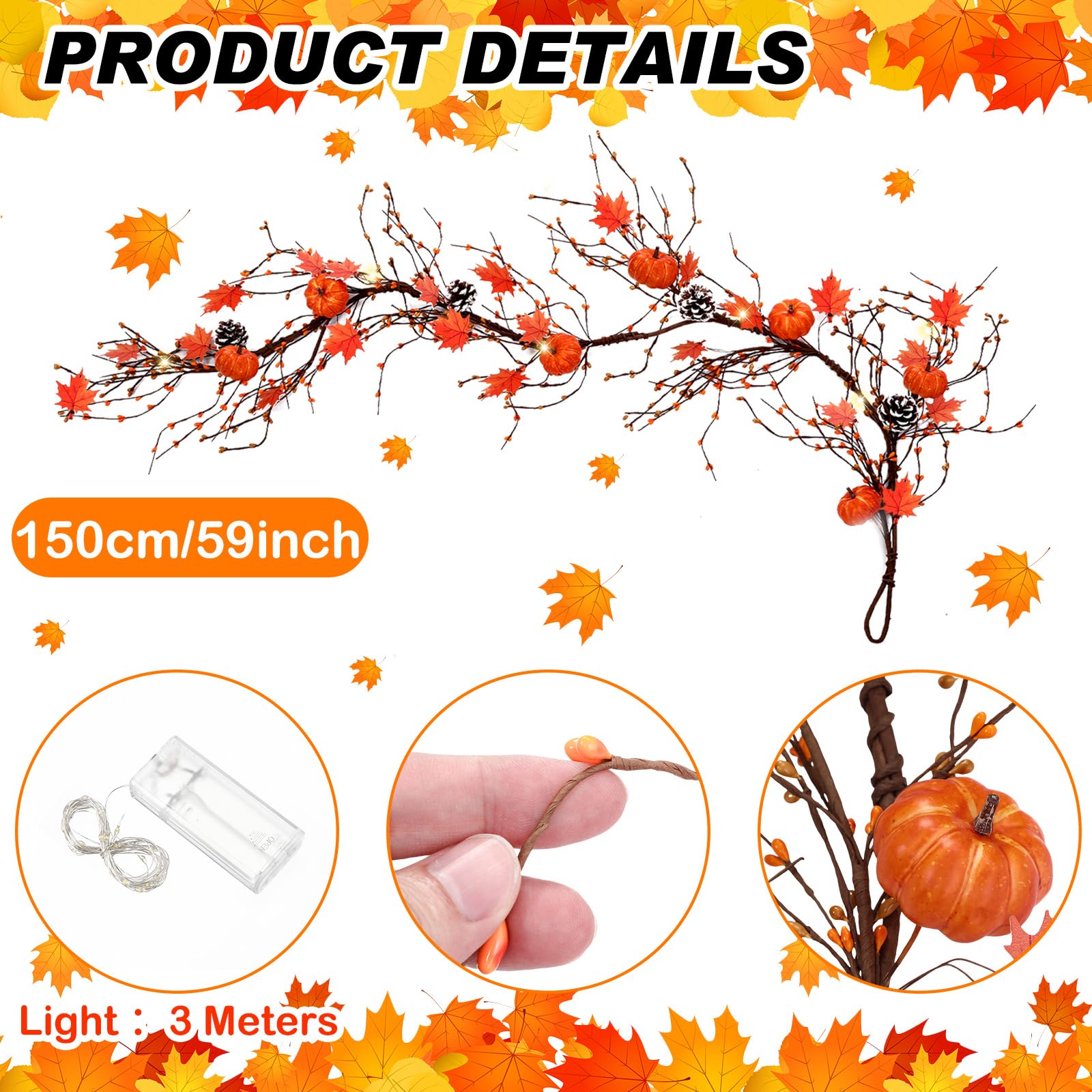 VercanMonth 5ft Fall Garland Pumpkin with 30 Lights Thanksgiving Vine with Maple Leaf Pinecone Garland Berry Orange Artificial Fall Decoration Garland for Mantle Fireplace Table Autumn Harvest Decor
