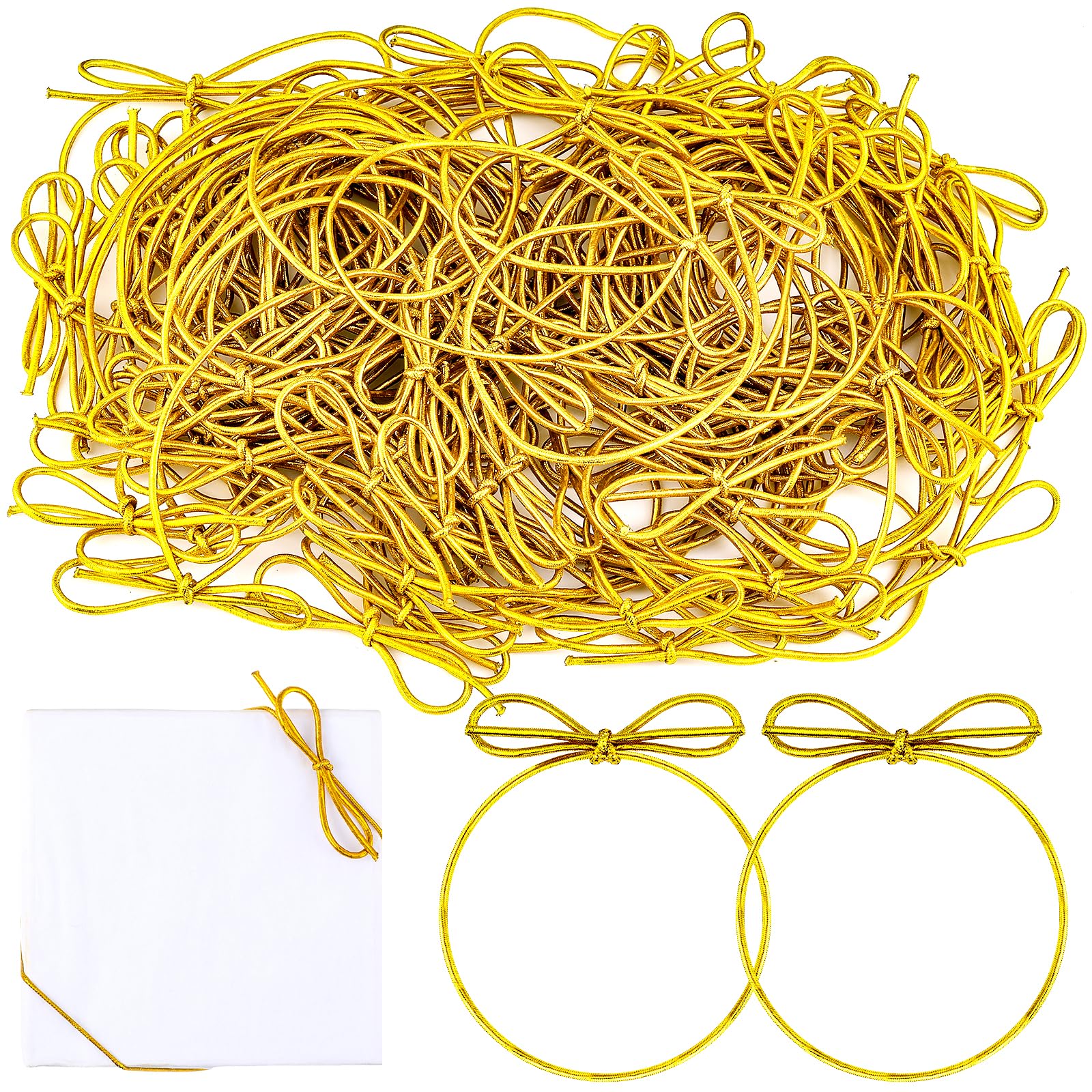 Vercraft 200 Pcs Gold Stretch Loops with Pre Tied Bows Metallic Elastic Ribbon String Gold Elastic Cord for Gift Boxes Tags Gift Wrapping Crafts (Gold,10 Inch)