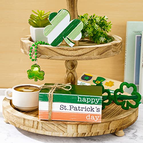 Whaline St. Patrick's Day Wooden Tiered Tray Decor Faux Decorative Stacked Books Bundle Happy St. Patrick's Day Wooden Block Sign with Shamrock for Irish Holiday Kitchen Home Table Decor