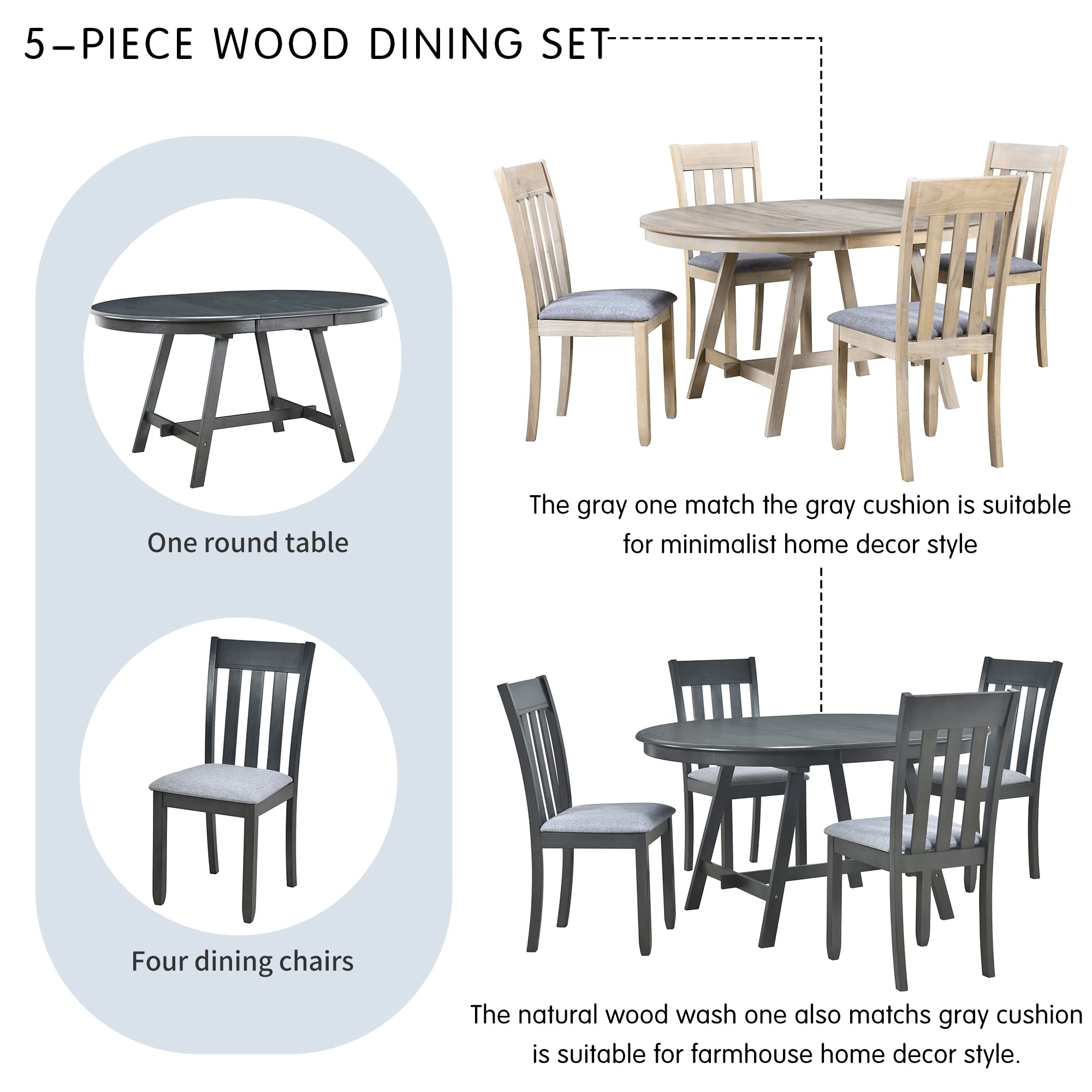 LAVHOME 5-Piece Extendable Round Set with 4 Chairs, Wood Kitchen Table for 4 People for Dining Room (Gray)