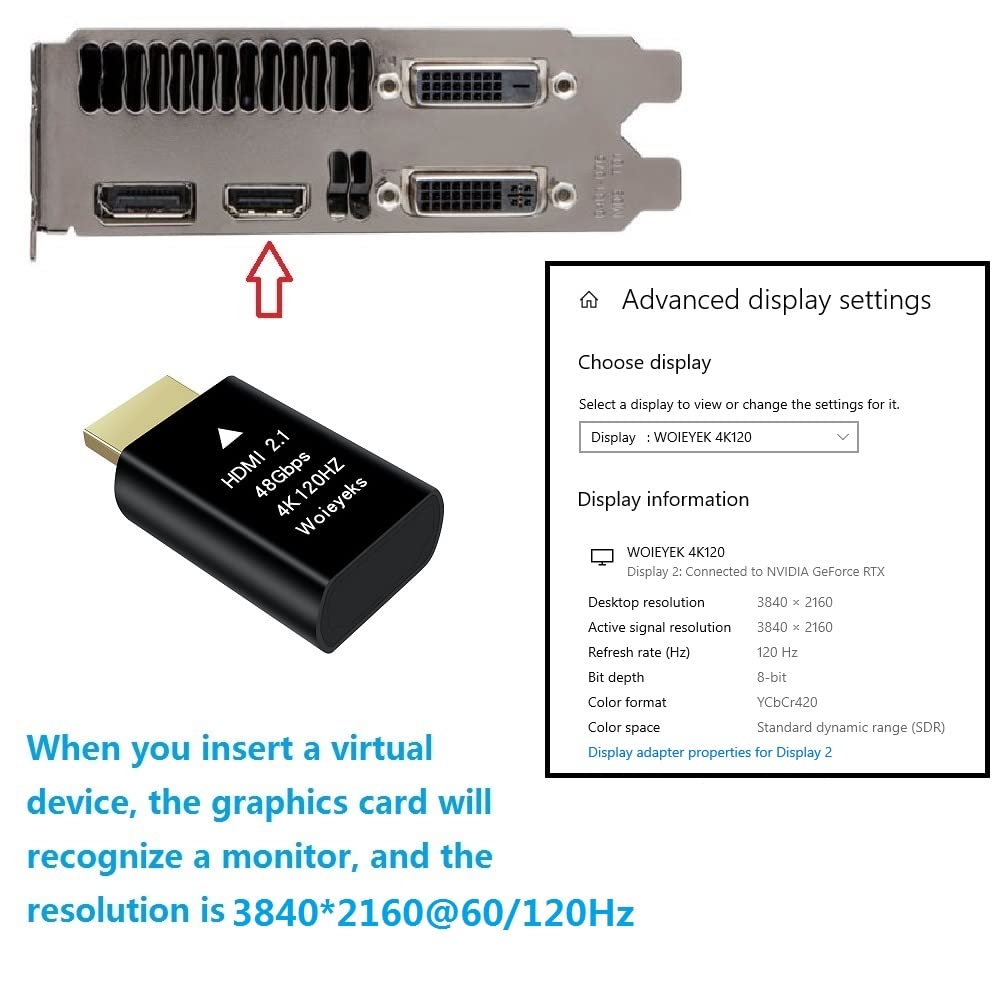 Woieyeks 4K 120Hz HDMI 2.1 Dummy Plug,Virtual Display Emulator,Headless Ghost Display Adapter Support 3840x2160@120HZ,1440@120HZ,1080P@120HZ EDID Monitor Emulator(8K not Supported)