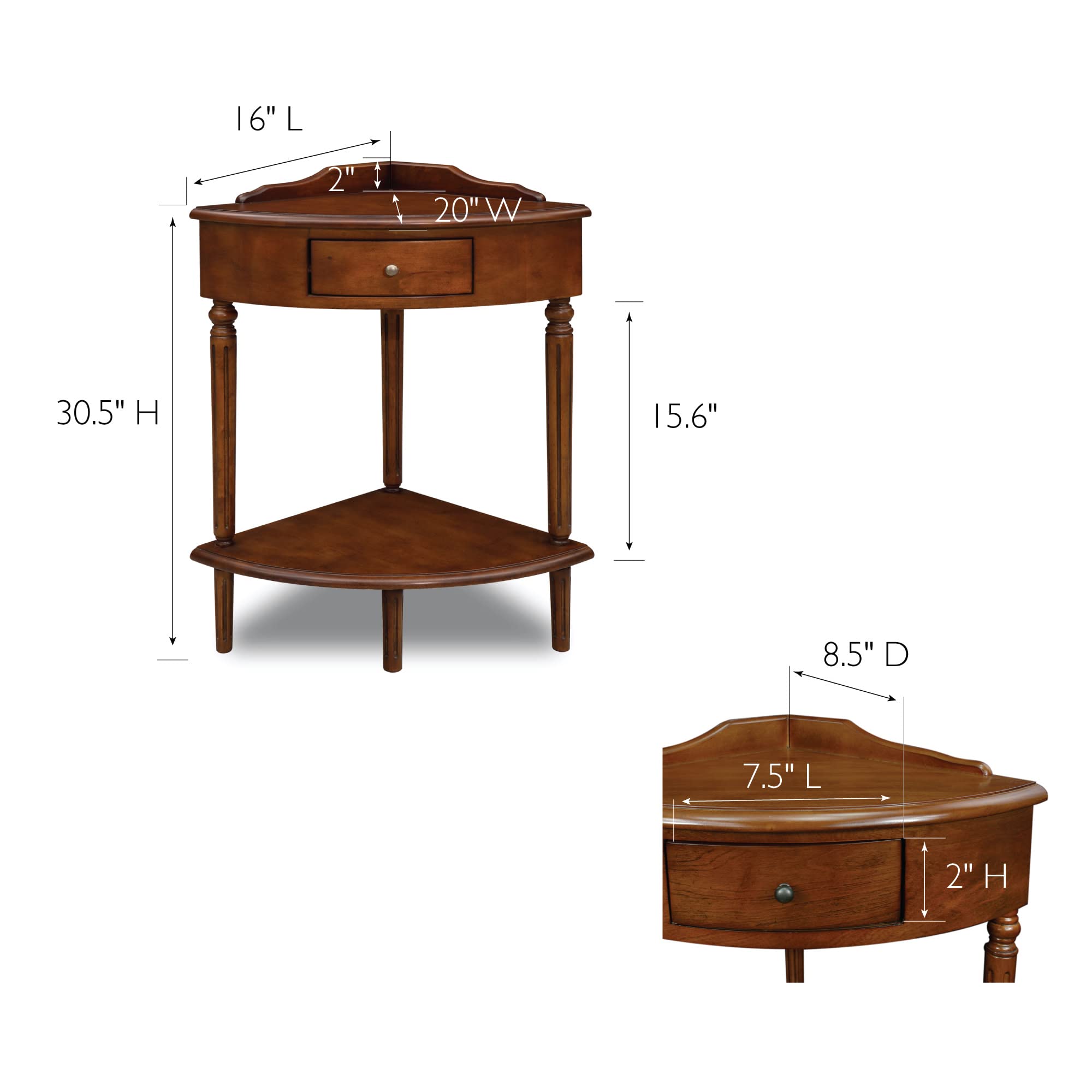 Leick Home 9016 One Corner Accent Table with Drawer and Lower Display Shelf, Pecan