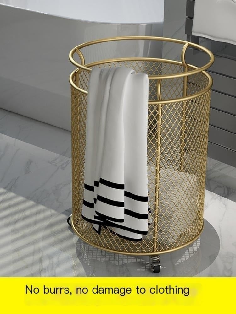 YDKJWB Metal Laundry Basket with Wheels, Round Mesh Dirty Clothes Hamper, Gold/Black/White Laundry Hamper, Storage Basket for Bathroom, Laundry Room, Living Room, Bedroom (Color : Gold)