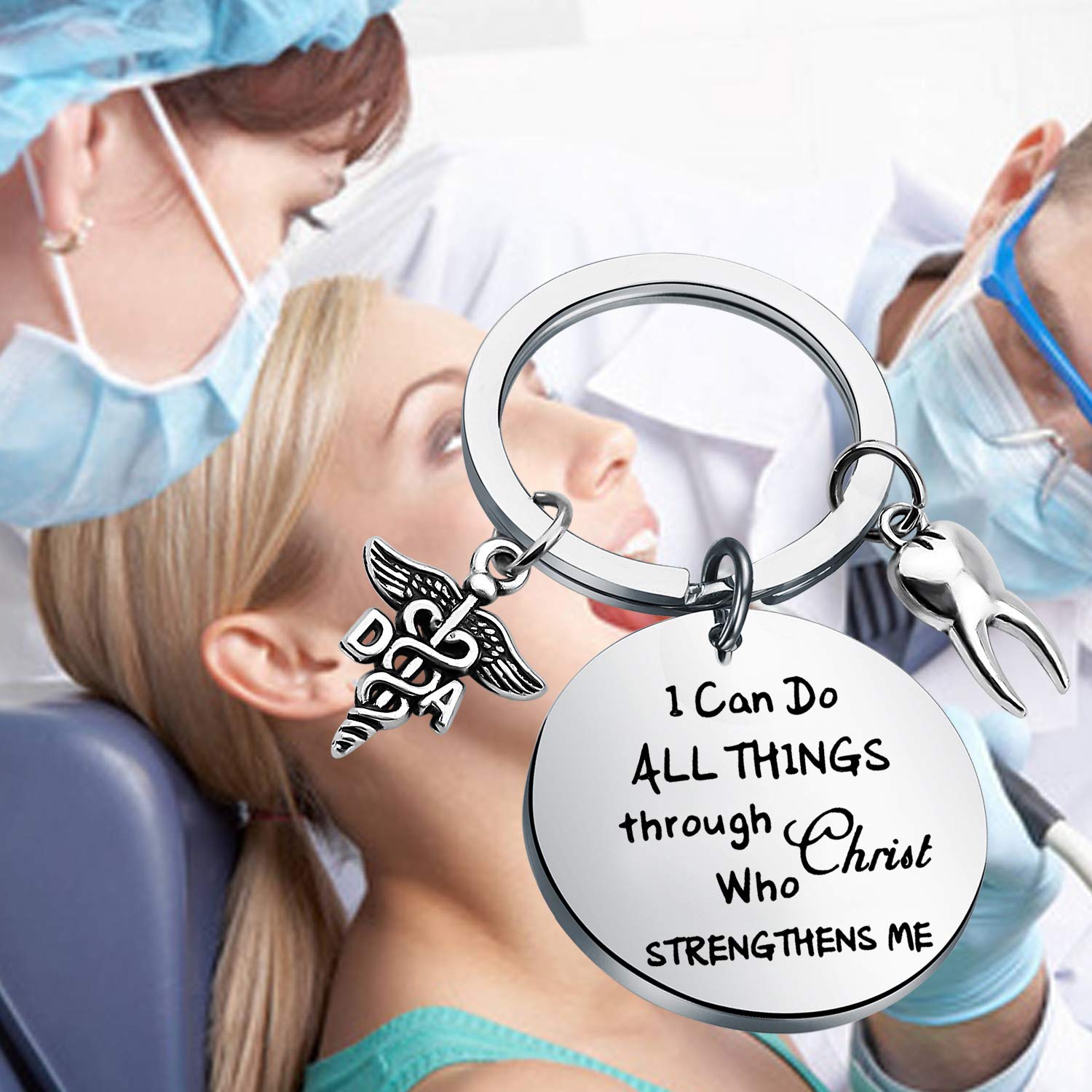LQRI DA Gift Dental Assistant Keychain I Can Do All Things Through Christ Who Strengthens Me Keychain Dental Assistant Jewelry Dentist Gift DA Graduation Gift (sliver)