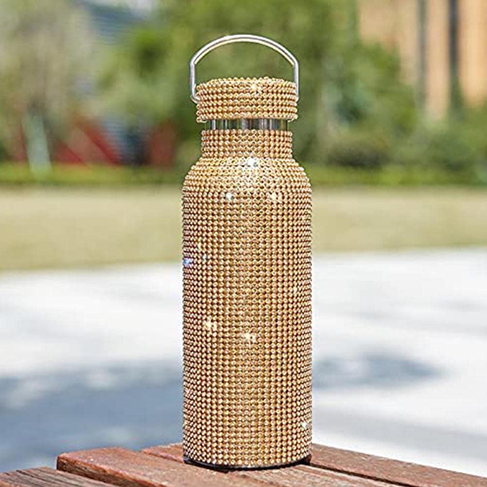 QIANSHENG Bling Diamond Water Bottle Sparkling Glitter Stainless Steel Thermos Bottle Vacuum Flask for Women Refillable Insulated Water Bottle with Chain & Gift Box (Gold,350ml)