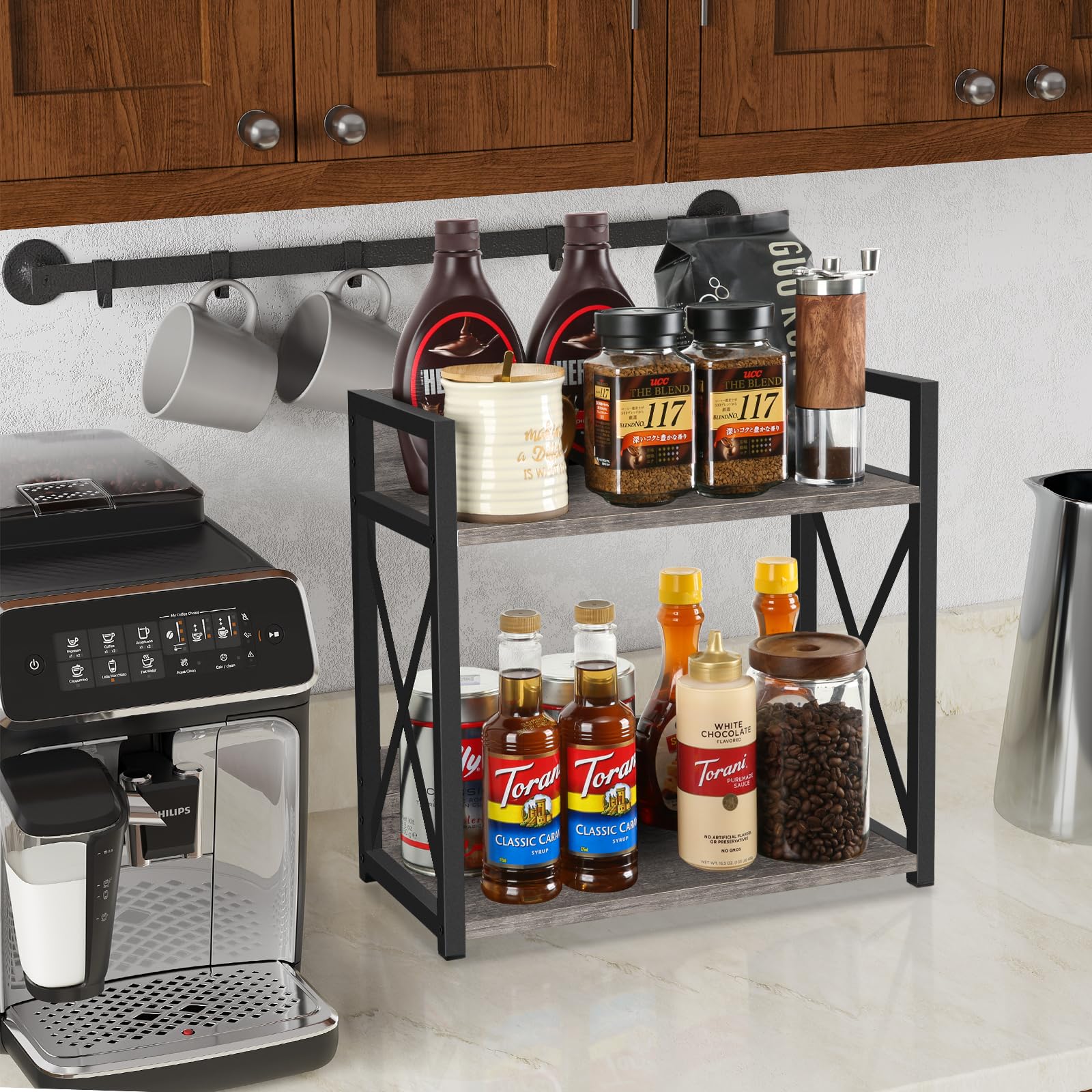 YINMIT Coffee Bar Accessories Organizer, Spice Rack Organizer, Wooden Kitchen Counter Shelf, 2 Tier Coffee Organizer Station for Countertop, Coffee Condiment Rack for Mugs, Cups, Cream, Syrup (Large)