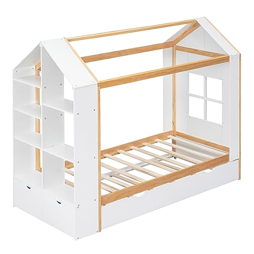 LAVHOME Twin Size House Platform Bed with Storage Shelves and Twin Size Trundle,Solid Wood Twin Bed Frame Box Spring Not Required,White