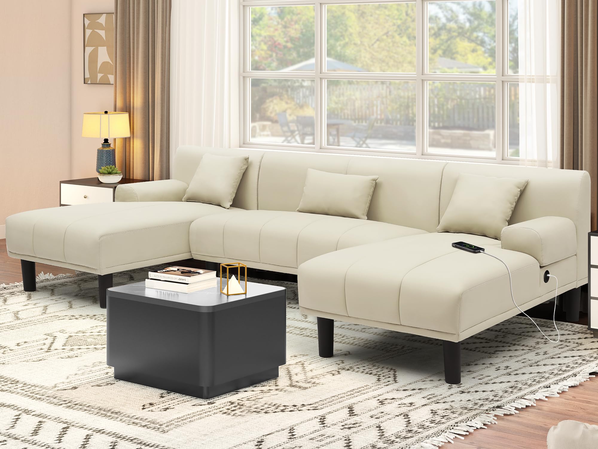 YITAHOMA Sectional Couches for Living Room, U Shaped Sofa Faux Leather Modern Modular Couch with USB & Type C Charging Ports Double Chaise and Comfy Upholstered, Beige
