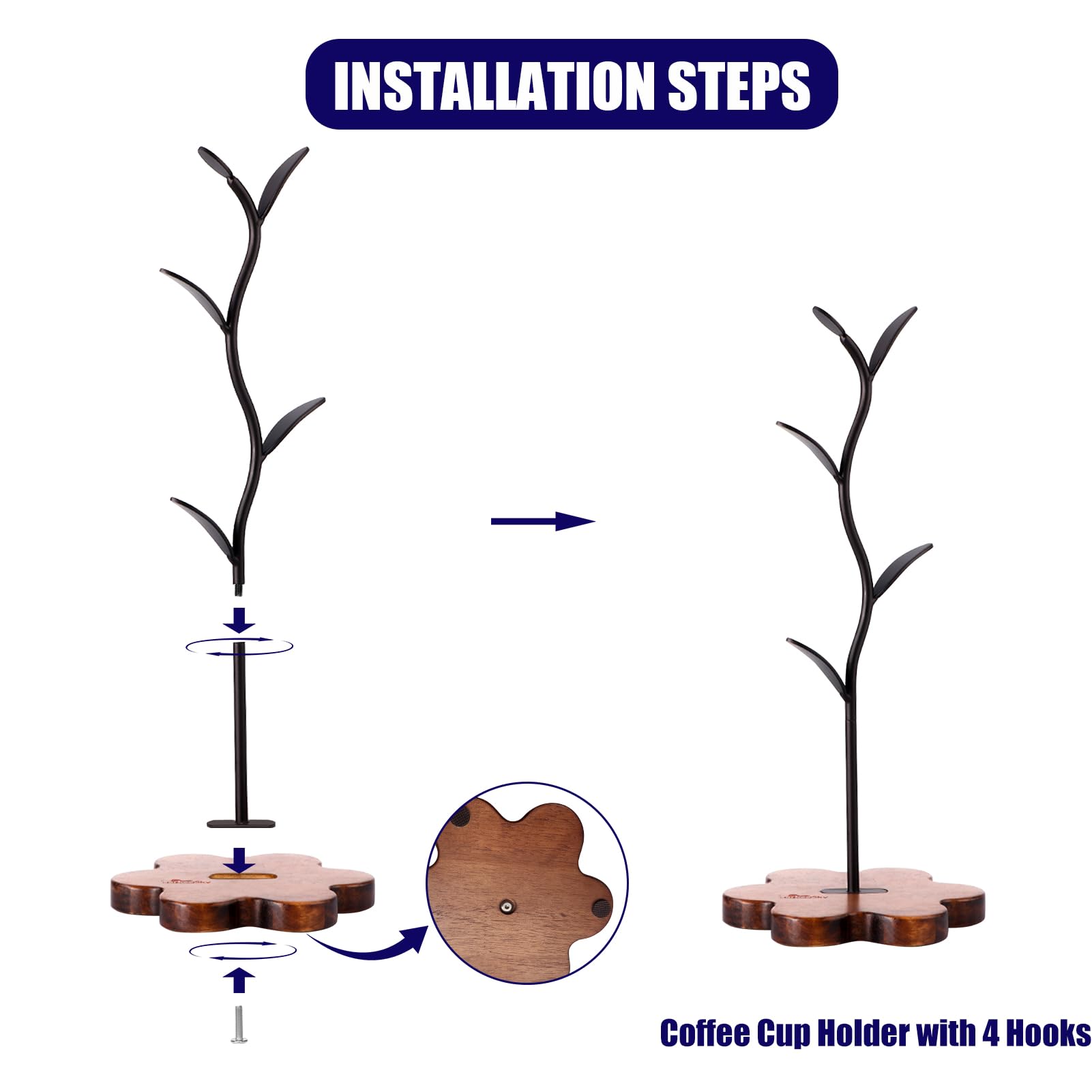 YarkeeSky Mug Holder, Countertop Mug Tree, Leaf Shaped Coffee Mug Tree with Wooden Base, 4 Hooks Coffee Cup Holder for Counter, Coffee Counter Bar Accessory & Kitchen Organizer, Brown