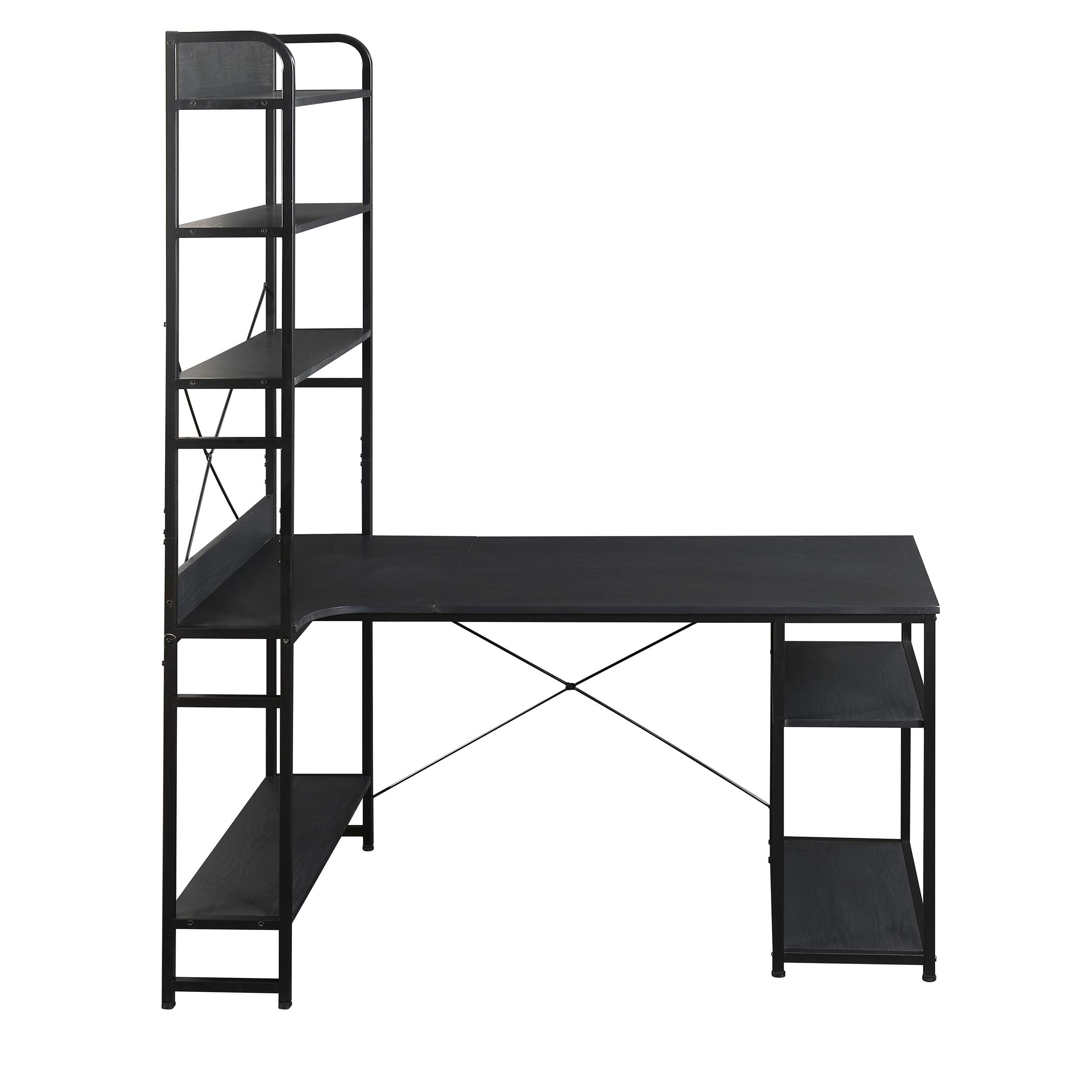 Modern Luxe Black(w/Shelf) L-Shaped Corner with Bookshelf 2-Pieces Computer PC Table Set Home Office Desk with Shelves