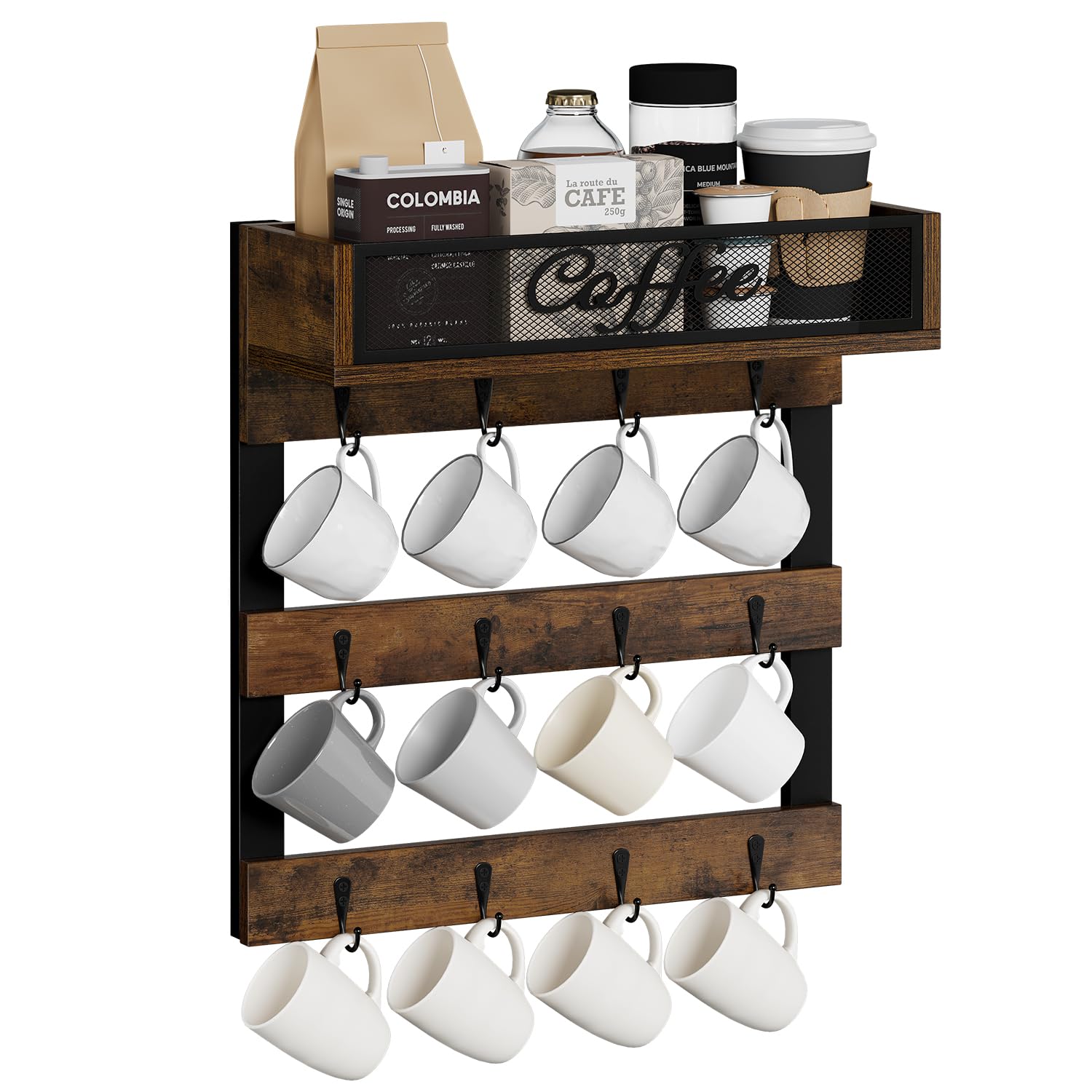 YINMIT Coffee Mug Rack Wall Mounted,Coffee Cup Holder with 12 Hooks,Wood Mug Organizer with Top Shelf for Coffee Beans,Sugar Jar,3-Tier Mug Display for Home,Office,Kitchen
