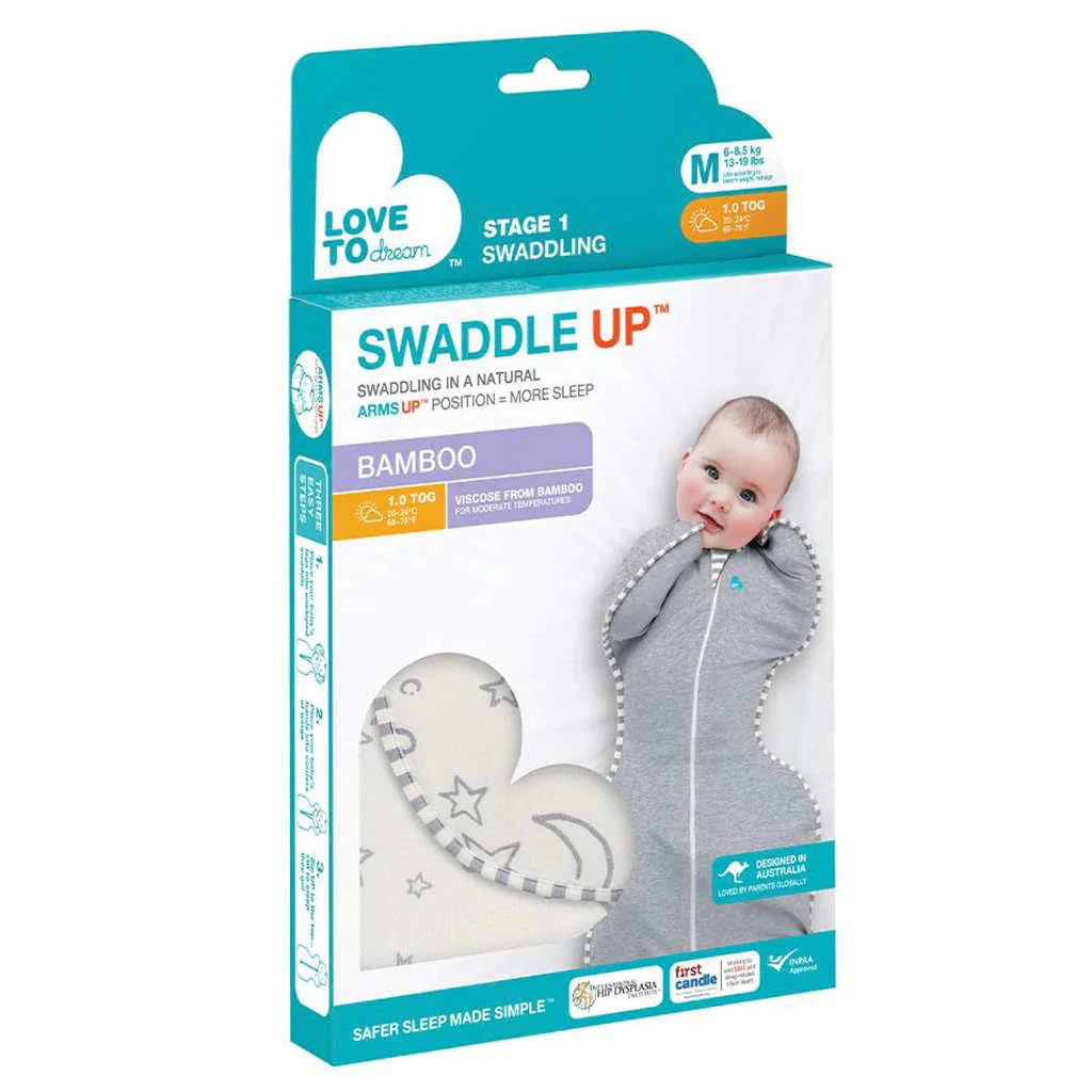 Love to Dream Swaddle UP Silky-Lux 1.0 TOG, Cream, Medium, 13-19 lbs, Super Soft and Luxurious 100% Viscose, Allow Baby to Sleep in Their Preferred Arms Up Position, Snug Fit Calms Moro Reflex