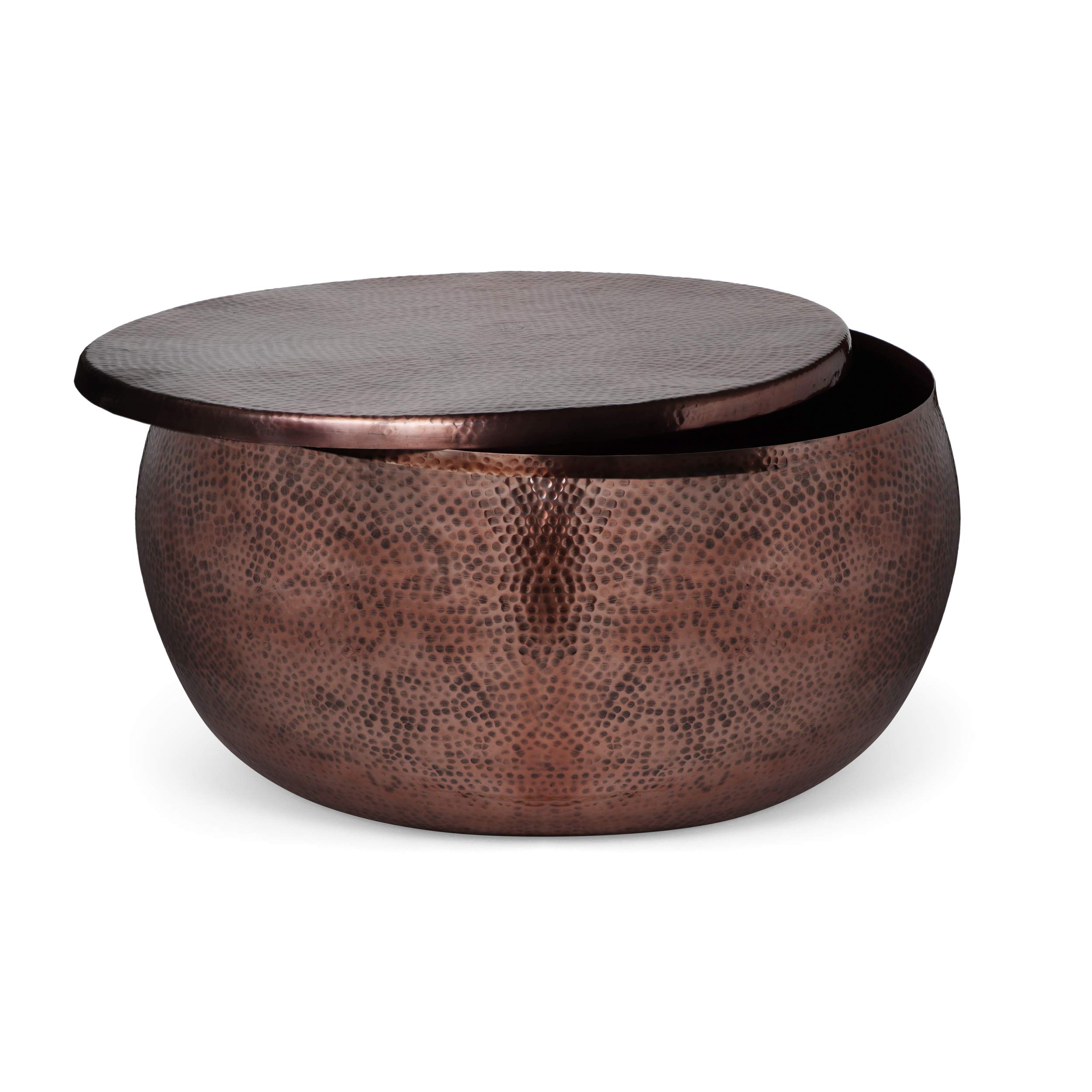 Modern Round Hammered Aluminum Storage Coffee Table, Antique Copper