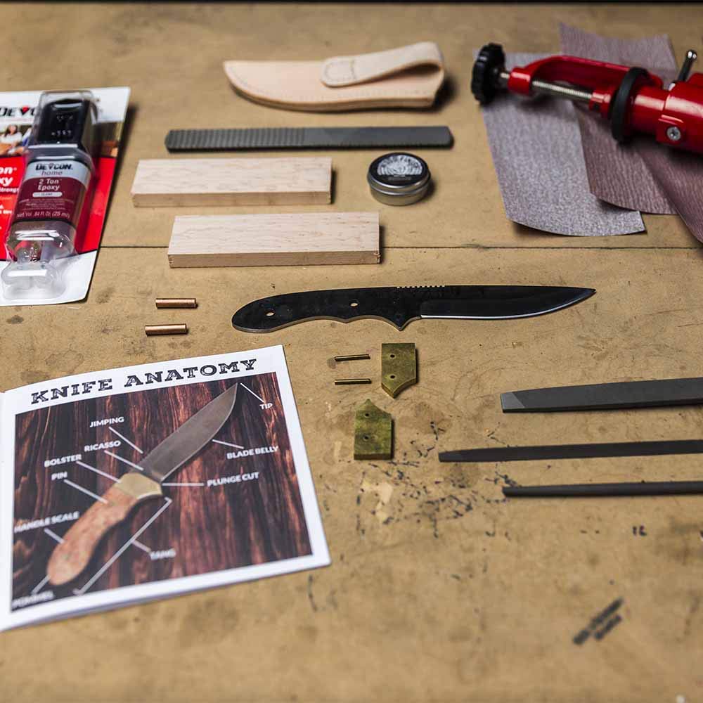 Knife Making Kit – Includes Stainless-Steel Blade, Maple Burl Handle, Brass Bolsters, Leather Sheath And Step-by-Step Knife Making Guide – Awesome DIY Gift For Men