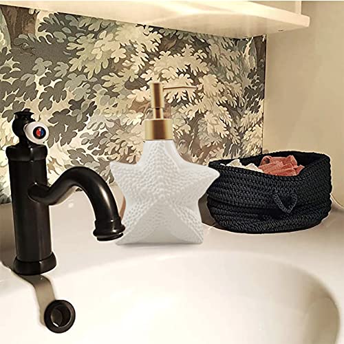 Starfish-Shaped Soap Dispenser, White Ceramic Lotion Bottle with Noble Golden Matte Pump, Ocean Themed Décor for Kitchen Sink or Bathroom