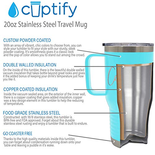 Personalized Travel Mug with Handle and Name Lite Blue Matte Finish Custom Laser Engraved 20 oz Stainless Steel Vacuum Insulated Coffee Cup with Lid